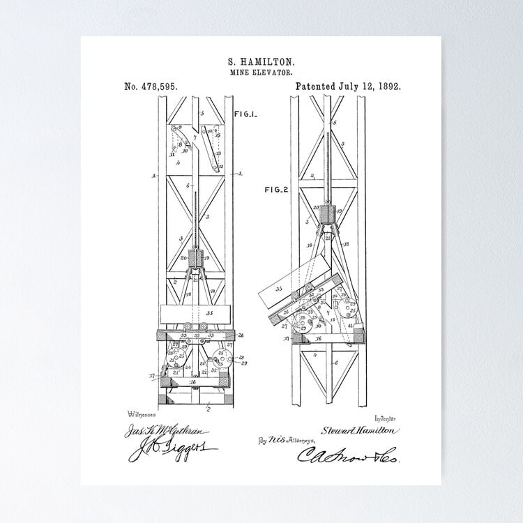 POSTER Mine Elevator Patent Art White Background POSTER UNFRAMED, 8x12 ...