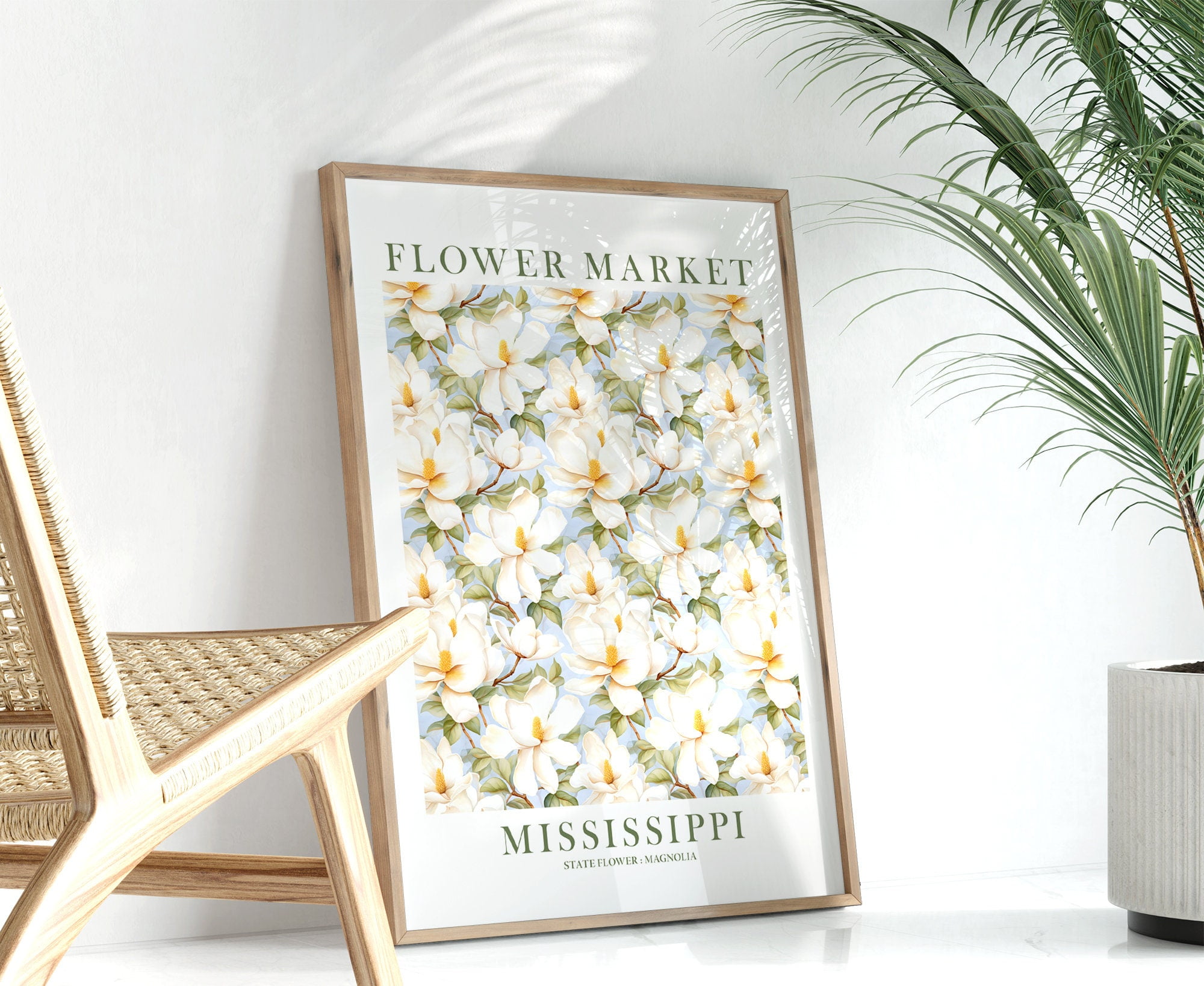 POSTER Mississippi Magnolia State Flower Print Ivory Green Floral ...