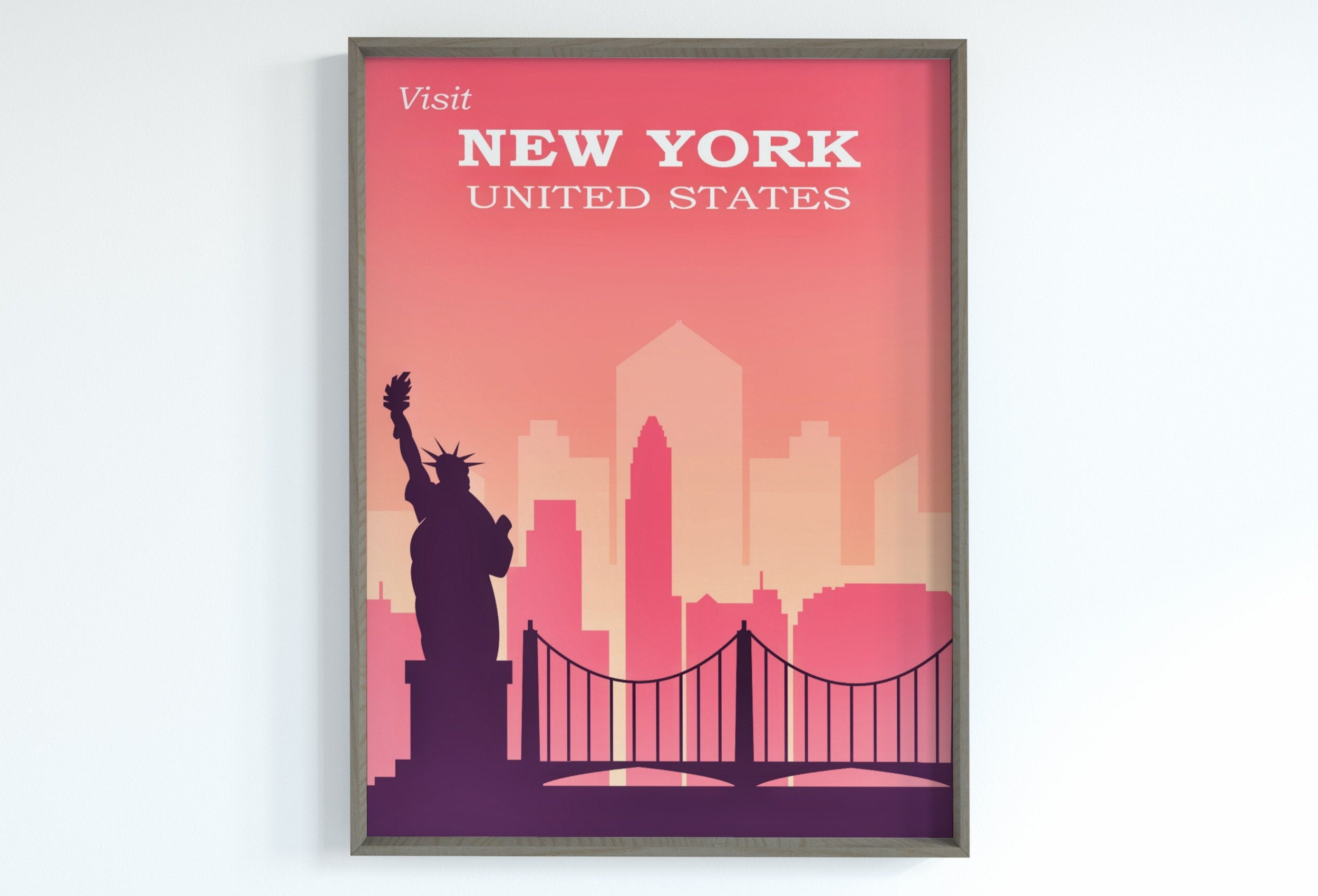 POSTER New York Modern Travel Poster in Pink Tones With City Skyline ...