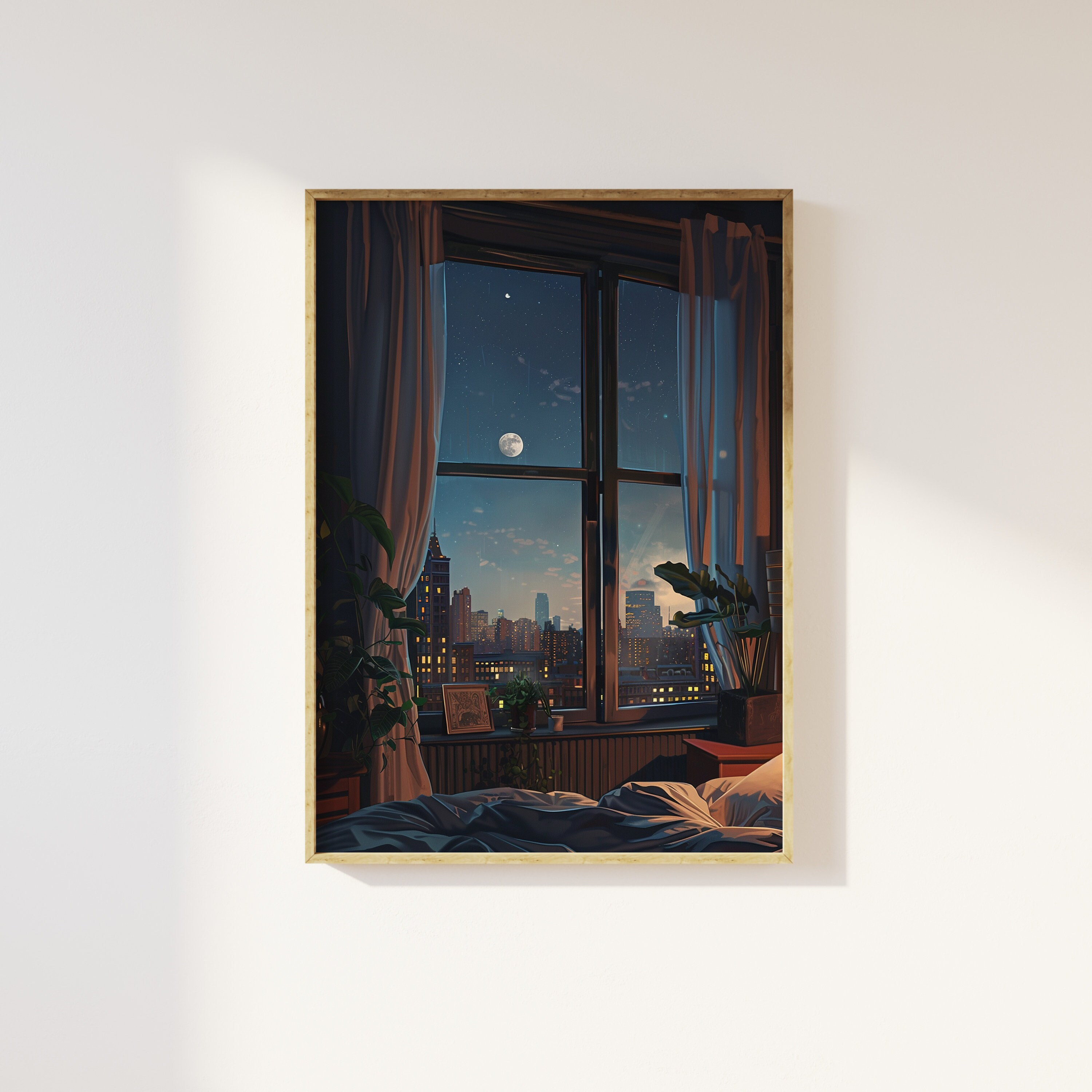 POSTER Nightfall view of the city through a window art print | night ...