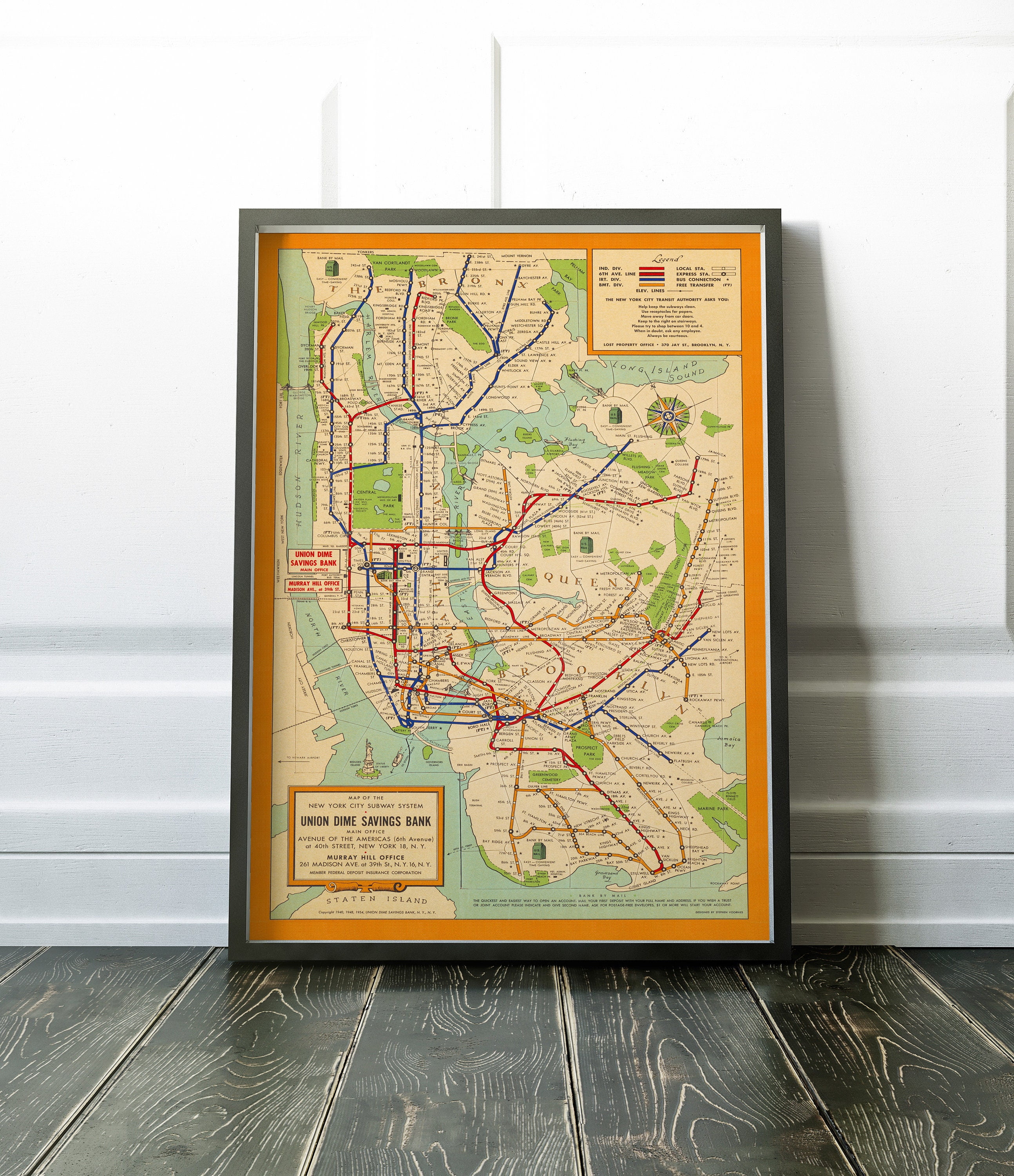 POSTER Old Map of New York City subway system, 1954 vintage subway map ...