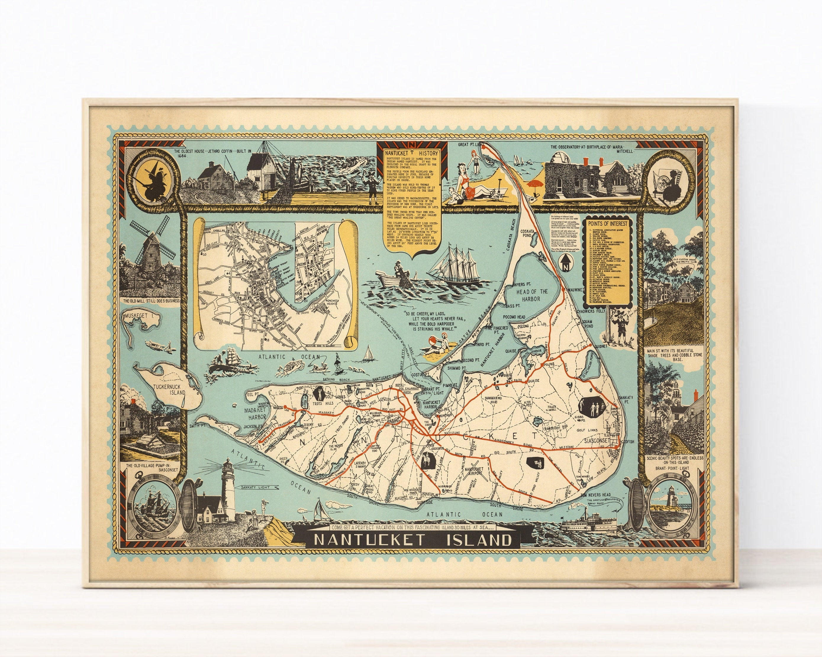 POSTER Old Map of Nantucket Island, 1946 antique map of Nantucket ...