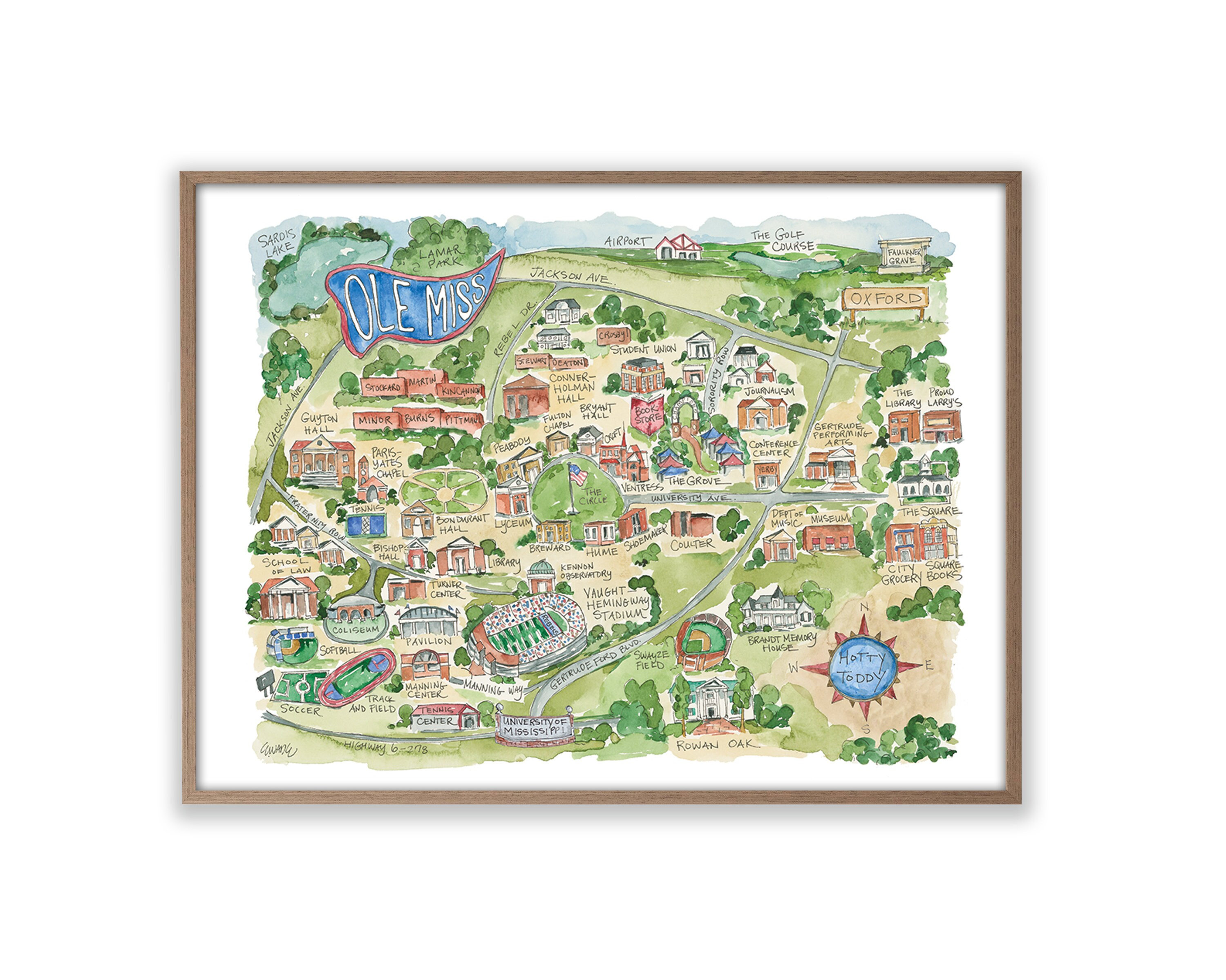 POSTER Ole Miss Oxford Campus Map Watercolor Art Print Football ...