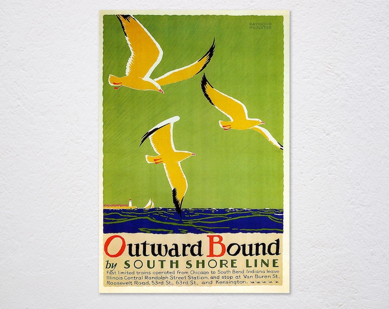 POSTER Outward Bound By South Shore Line Lake Michigan Birds Gulls Usa ...