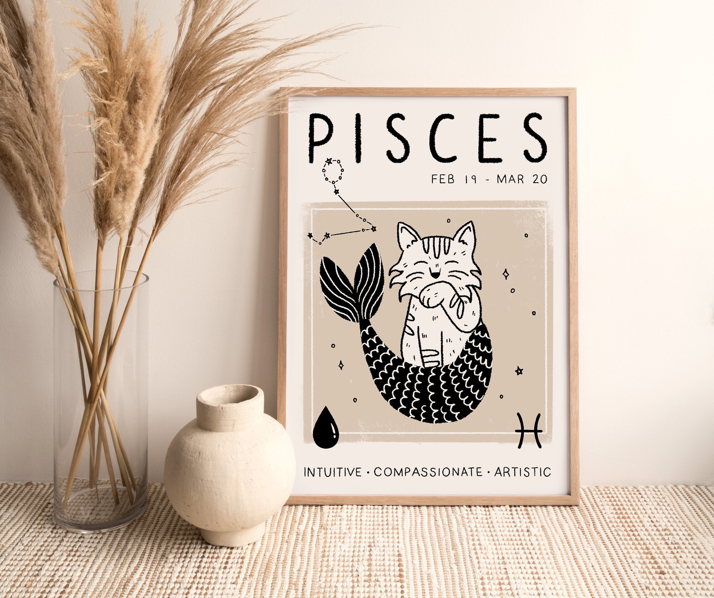 POSTER Pisces Zodiac Star Sign Print, Cat Astrology Poster, Boho Wall ...