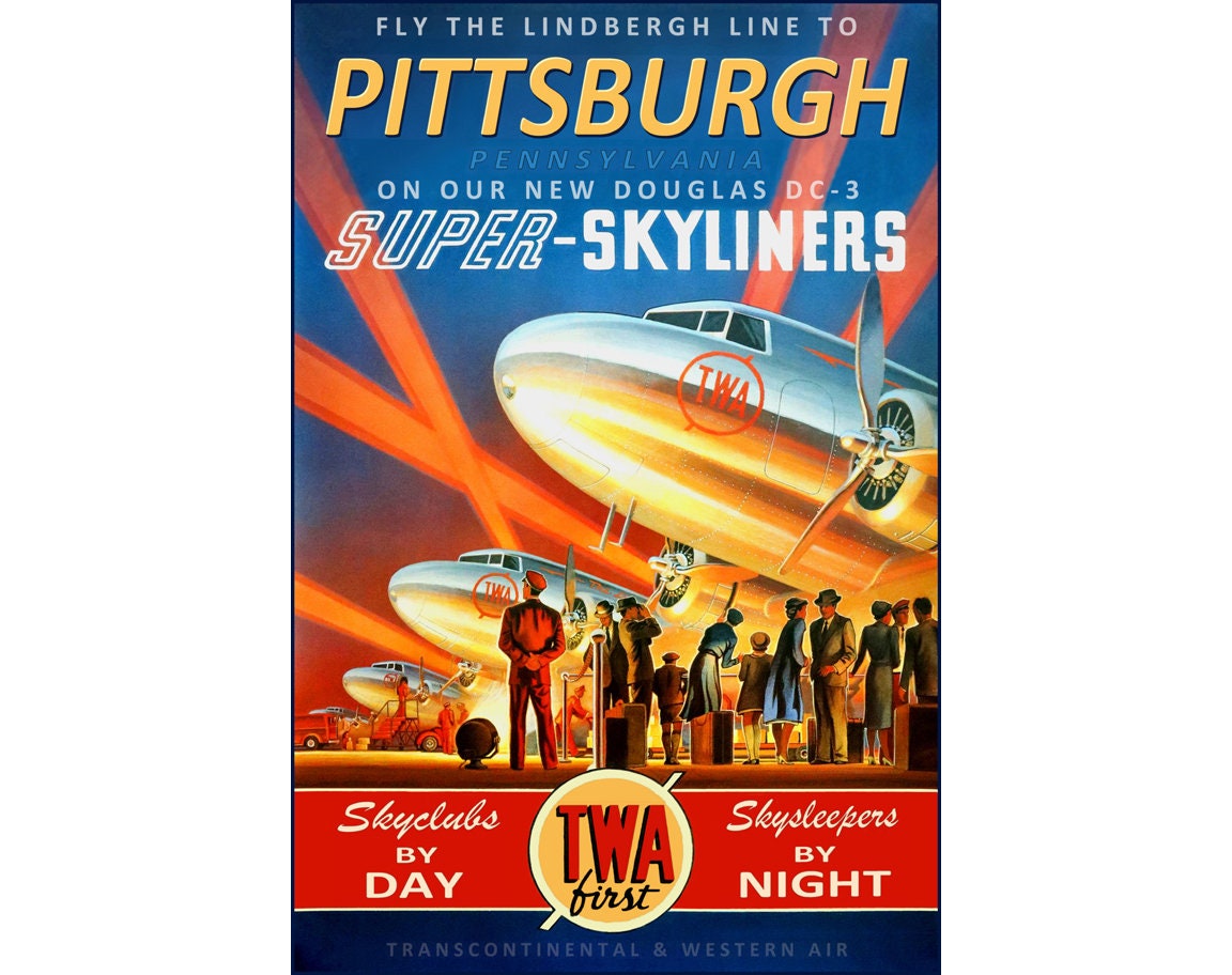 POSTER Pittsburgh Pennsylvania Transcontinental & Western Air TWA New ...