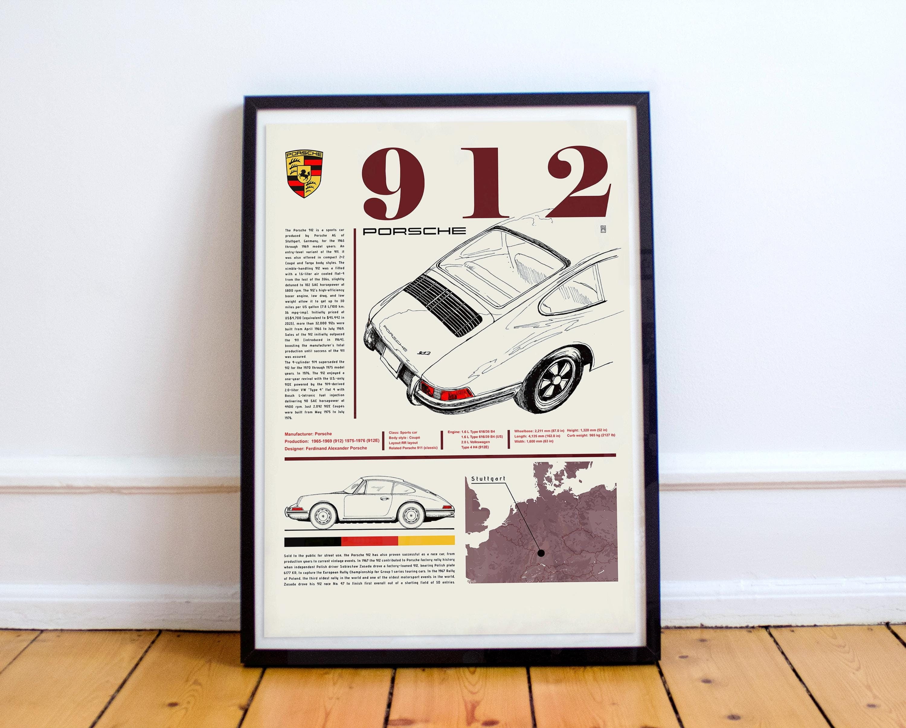 POSTER Porsche 912 - 1966 - Midcentury German Car Poster V2-UNFRAMED ...