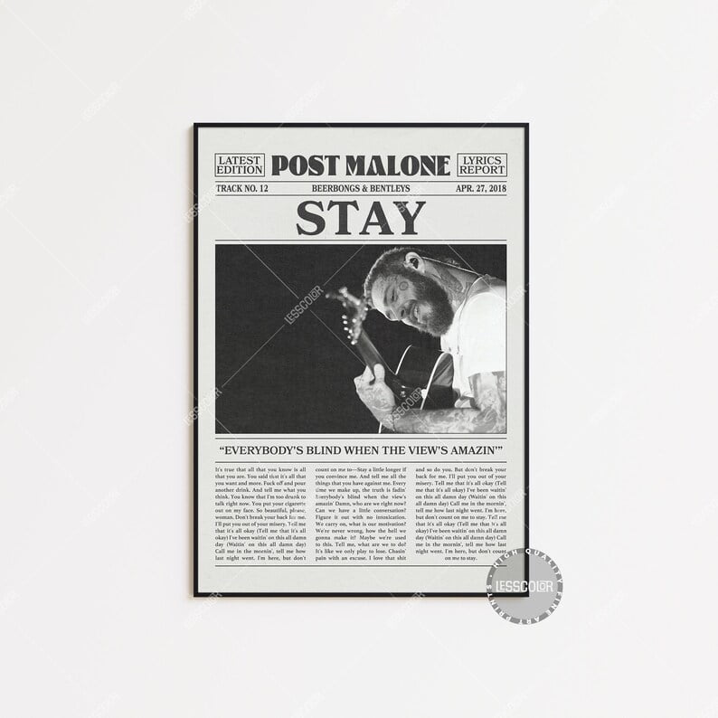 POSTER Post Malone Retro Newspaper Print, Stay Poster, Stay Lyric Print ...