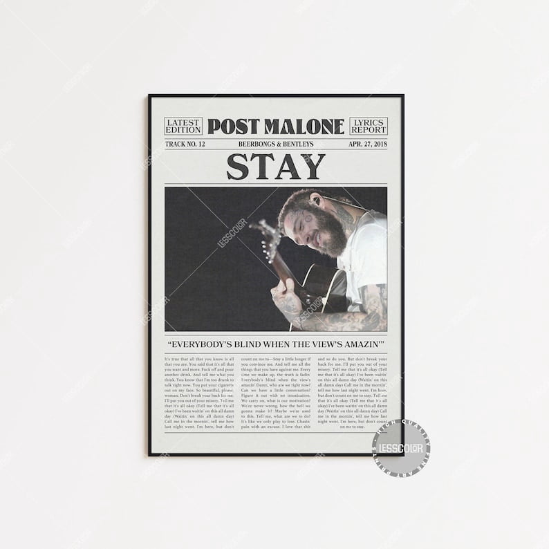 POSTER Post Malone Retro Newspaper Print, Stay Poster, Stay Lyric Print ...
