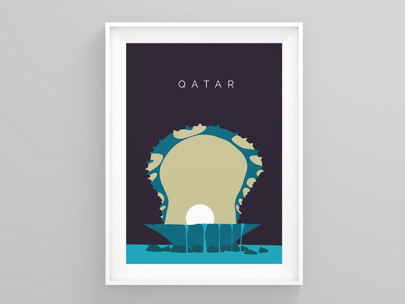 POSTER Qatar Travel Print, Pearl Oyster Fountain, Skyline Print, Doha ...