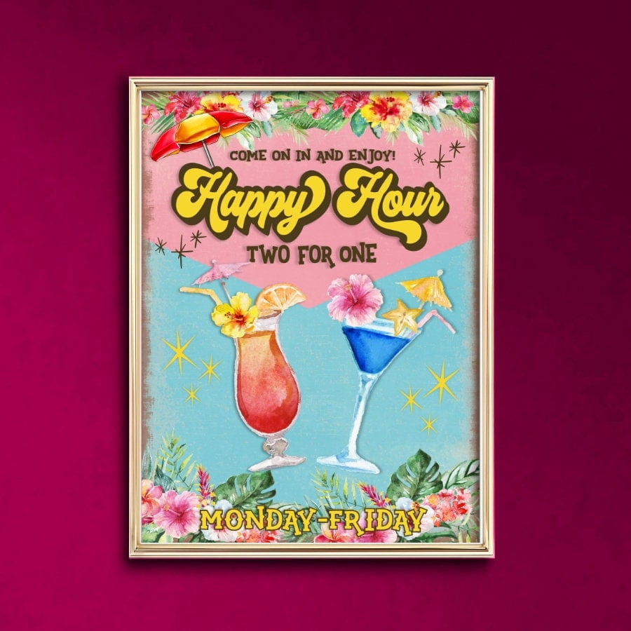 POSTER Retro Happy Hour Poster, Alcohol Print, Home Bar Print, Cocktail ...