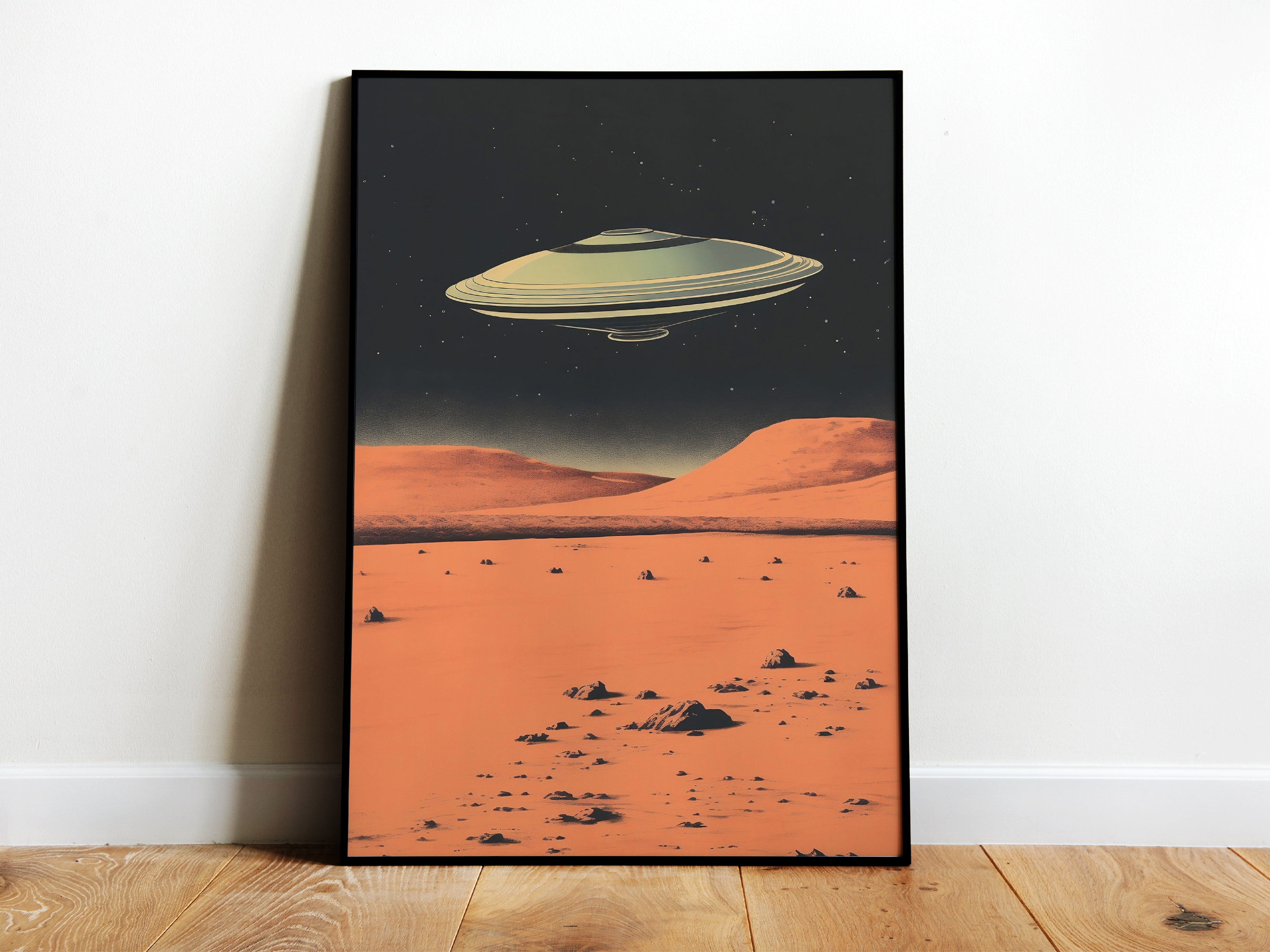 POSTER Retro UFO Desert Poster Alien Wall Art UFO Art Print Hovering ...