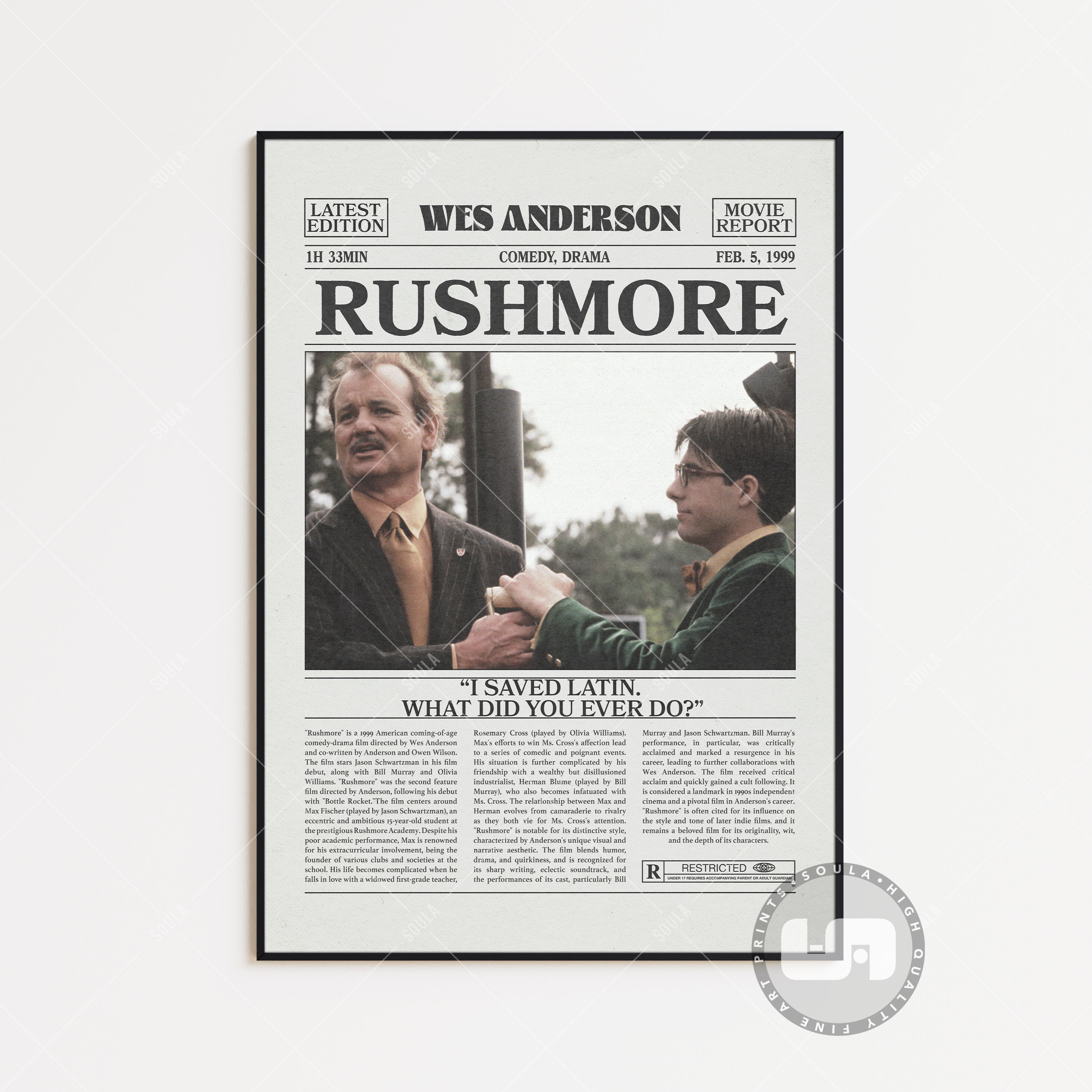 POSTER Rushmore Poster, Wes Anderson, Movie Poster, Retro Newspaper ...