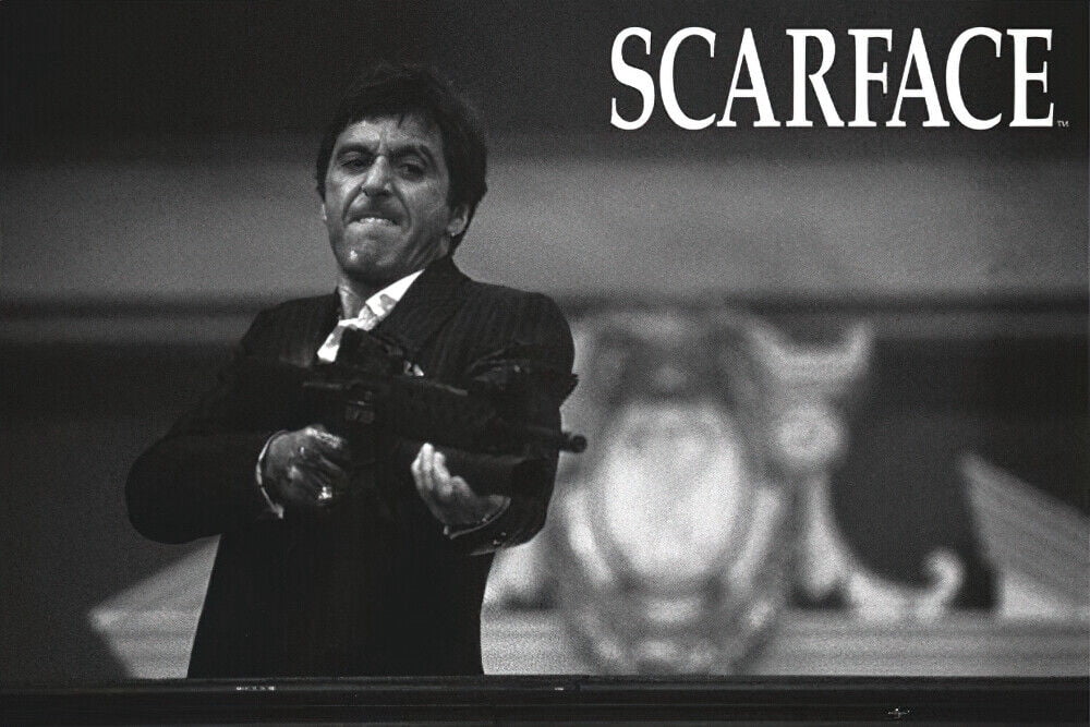 POSTER Scarface - Movie Poster (Shooting Machine Gun From Balcony - B&W ...