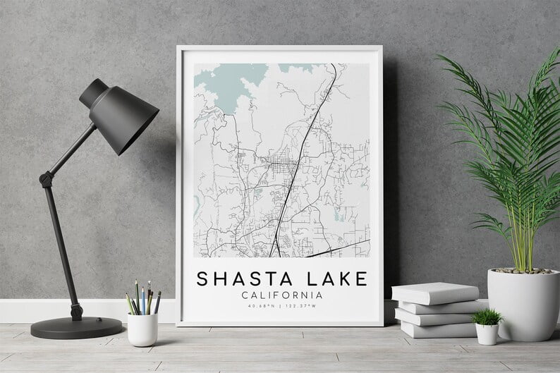 POSTER Shasta Lake Map Print, California CA USA City map poster, gifts ...