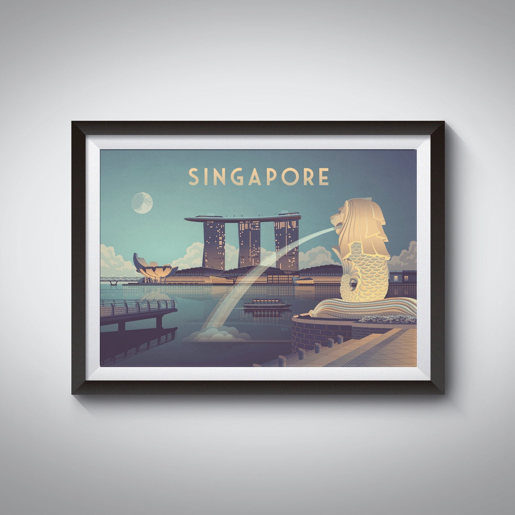 POSTER Singapore Travel Poster, Singapore Skyline, Merlion Sculpture ...