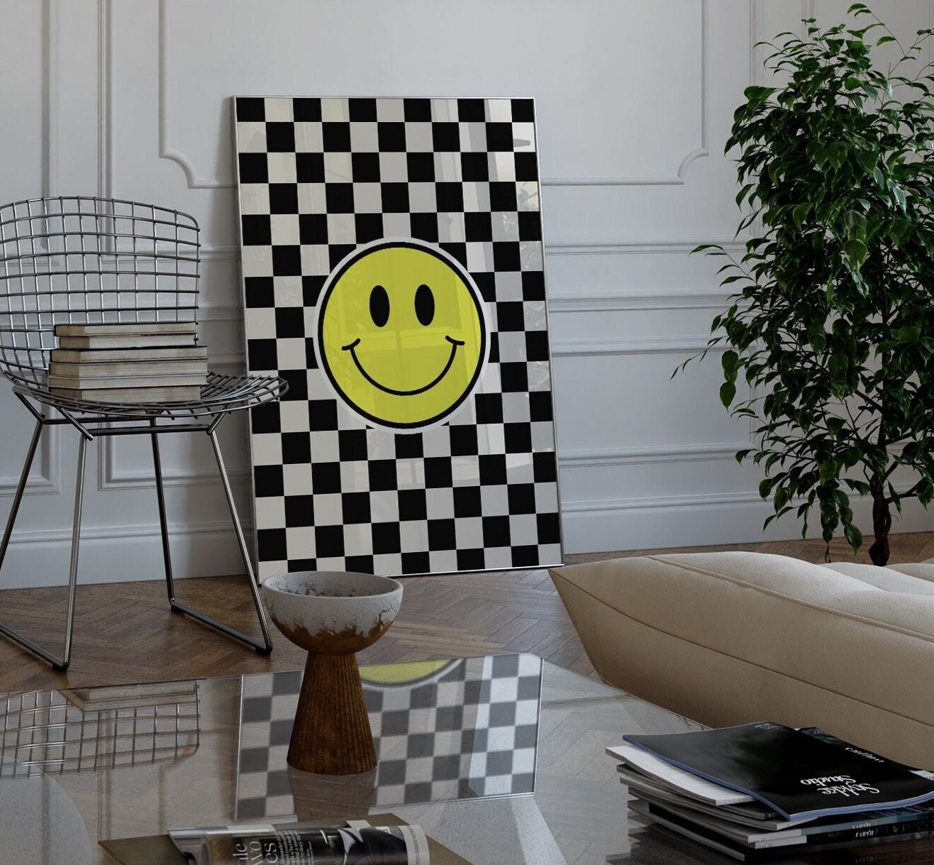 POSTER Smiley Face Poster Checkered Print Retro Trendy Wall Art Funky ...