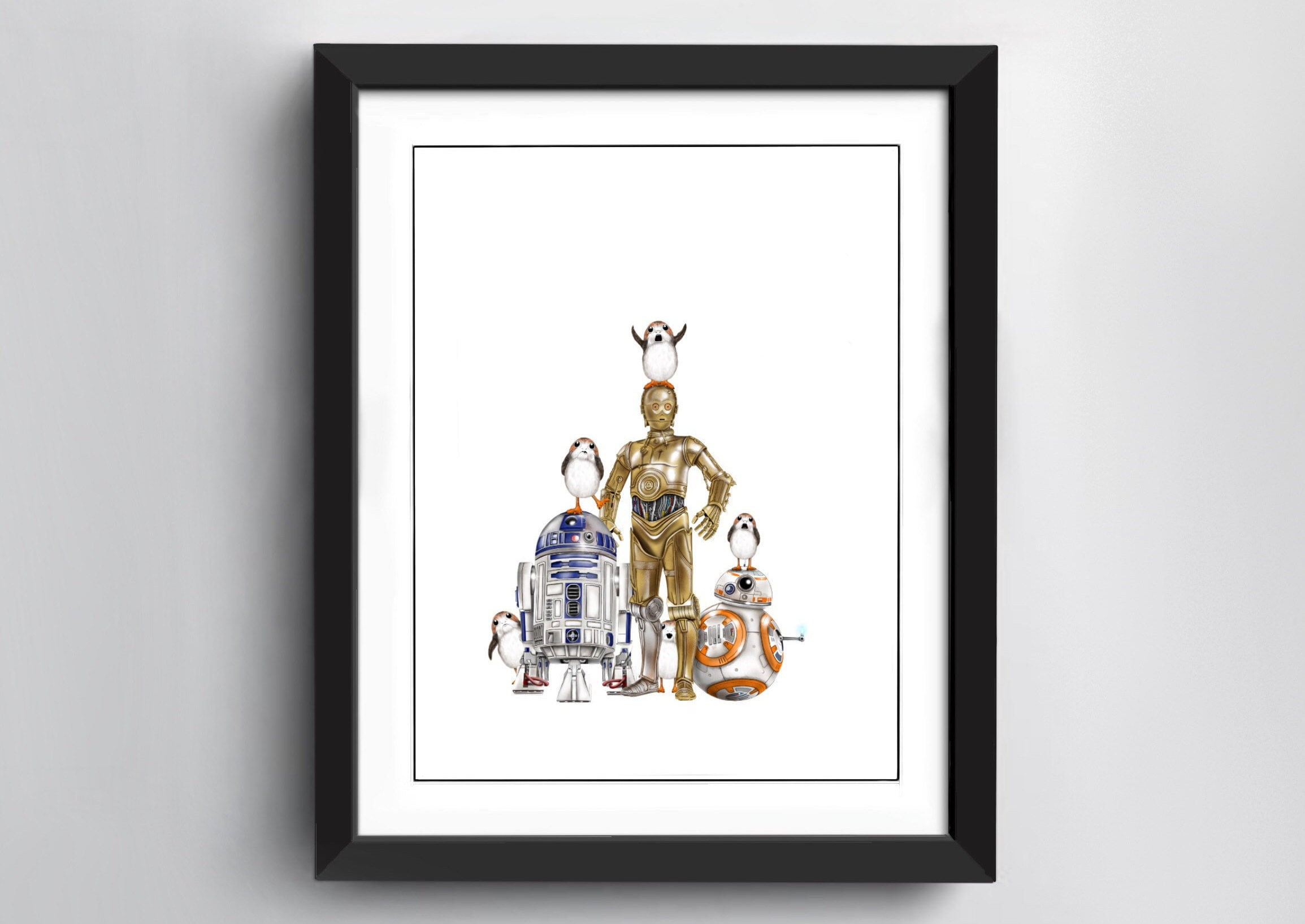 POSTER Star Wars Art Print | R2D2 C3PO BB8 & PORGS | Hand Drawn ...