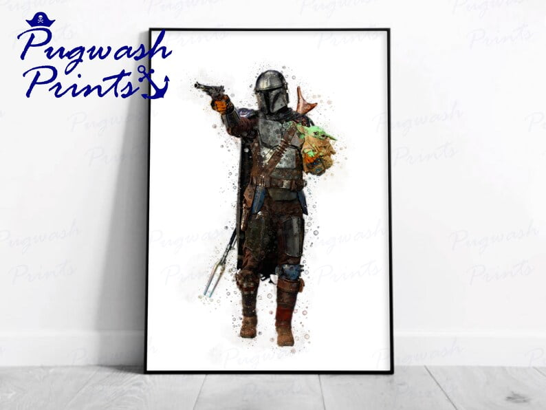 POSTER Star Wars Print 'MANDALORIAN AND CHILD' Watercolour Splash Art ...