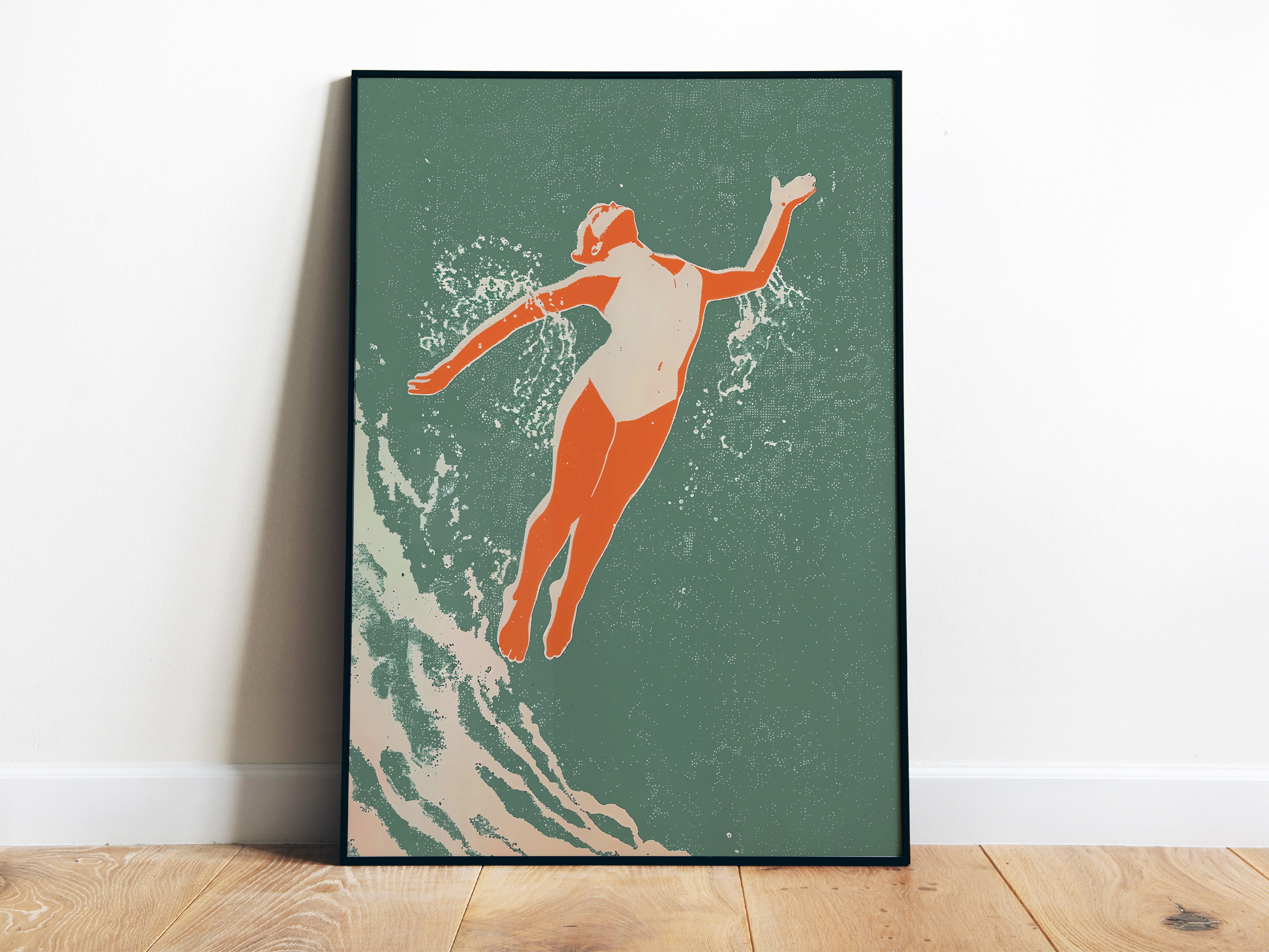 POSTER Swimming Wall Art Summer Retro Print Diver Swimmer Poster Blue ...