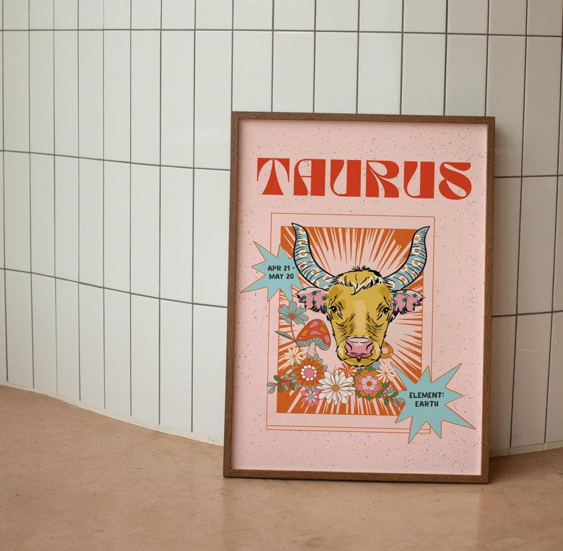 POSTER Taurus Poster,Zodiac Taurus Print,Retro Wall Decor,Print,Large ...
