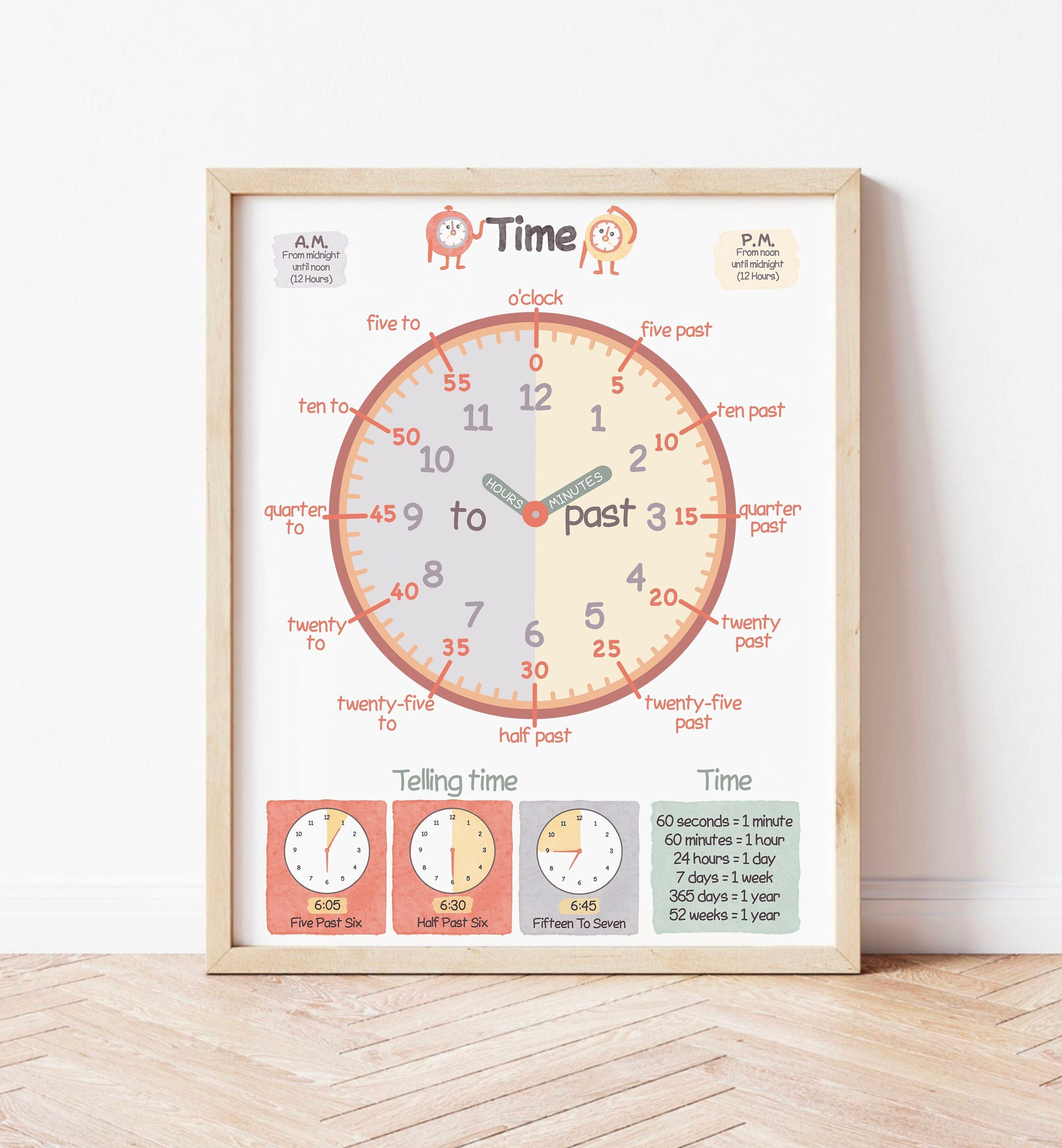 Poster Telling Time Learning Clock Poster Homeschool Educational Poster Montessori Playroom Wall