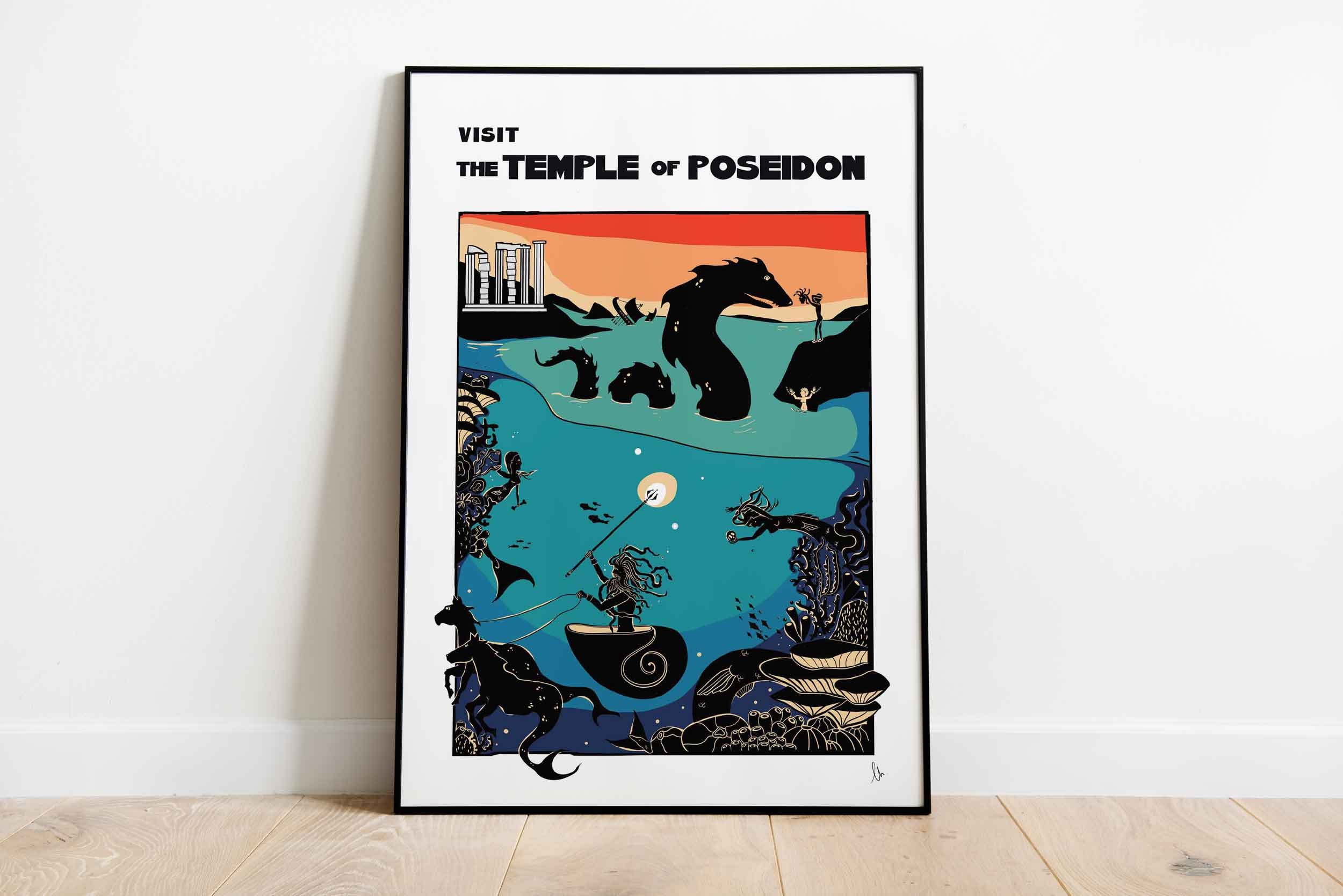 POSTER Temple of Poseidon Print, Greek Mythology Poster, Retro Travel ...