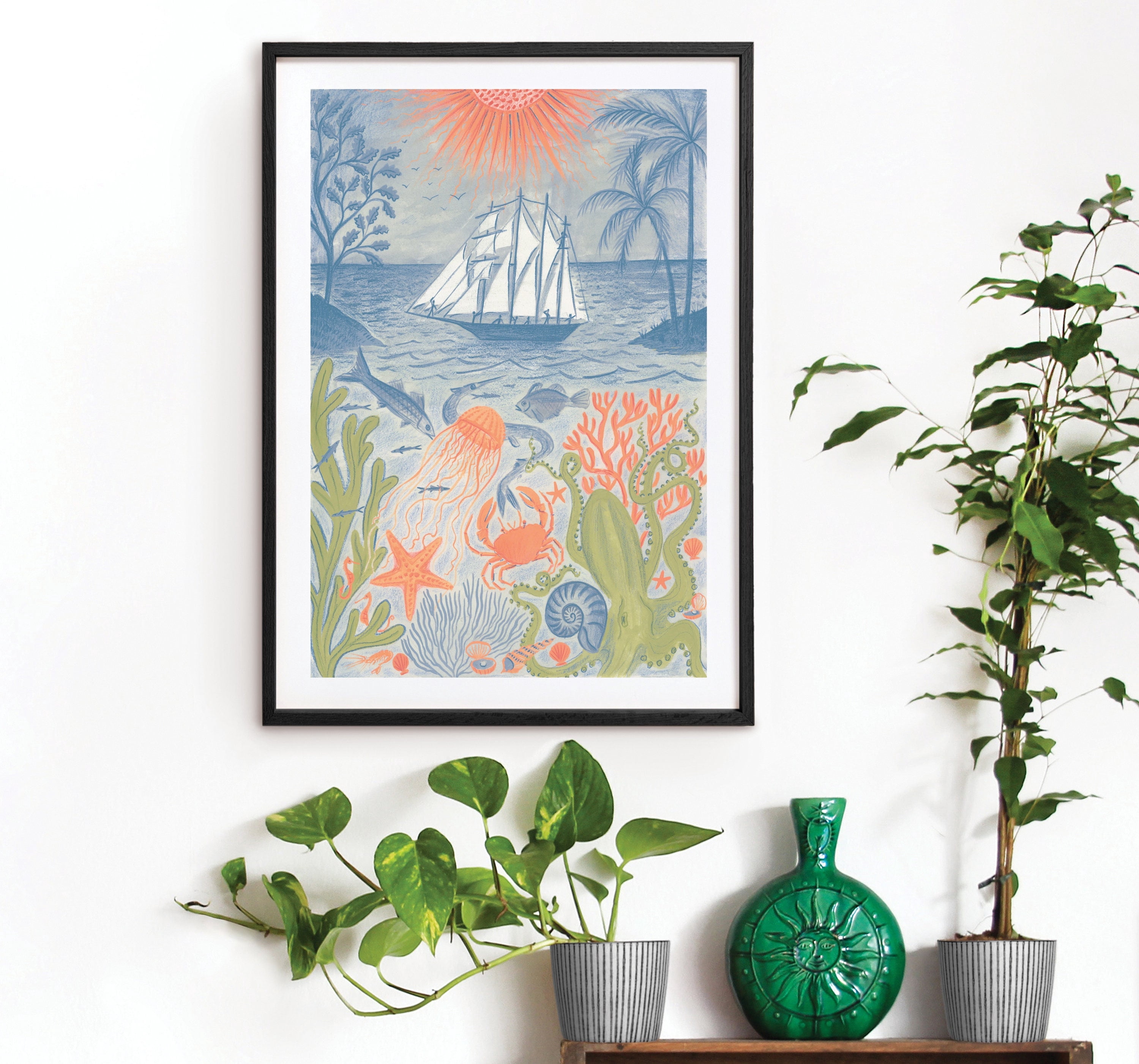 POSTER The Sea Illustration, Marine Life & Galleon Ship Watercolour ...