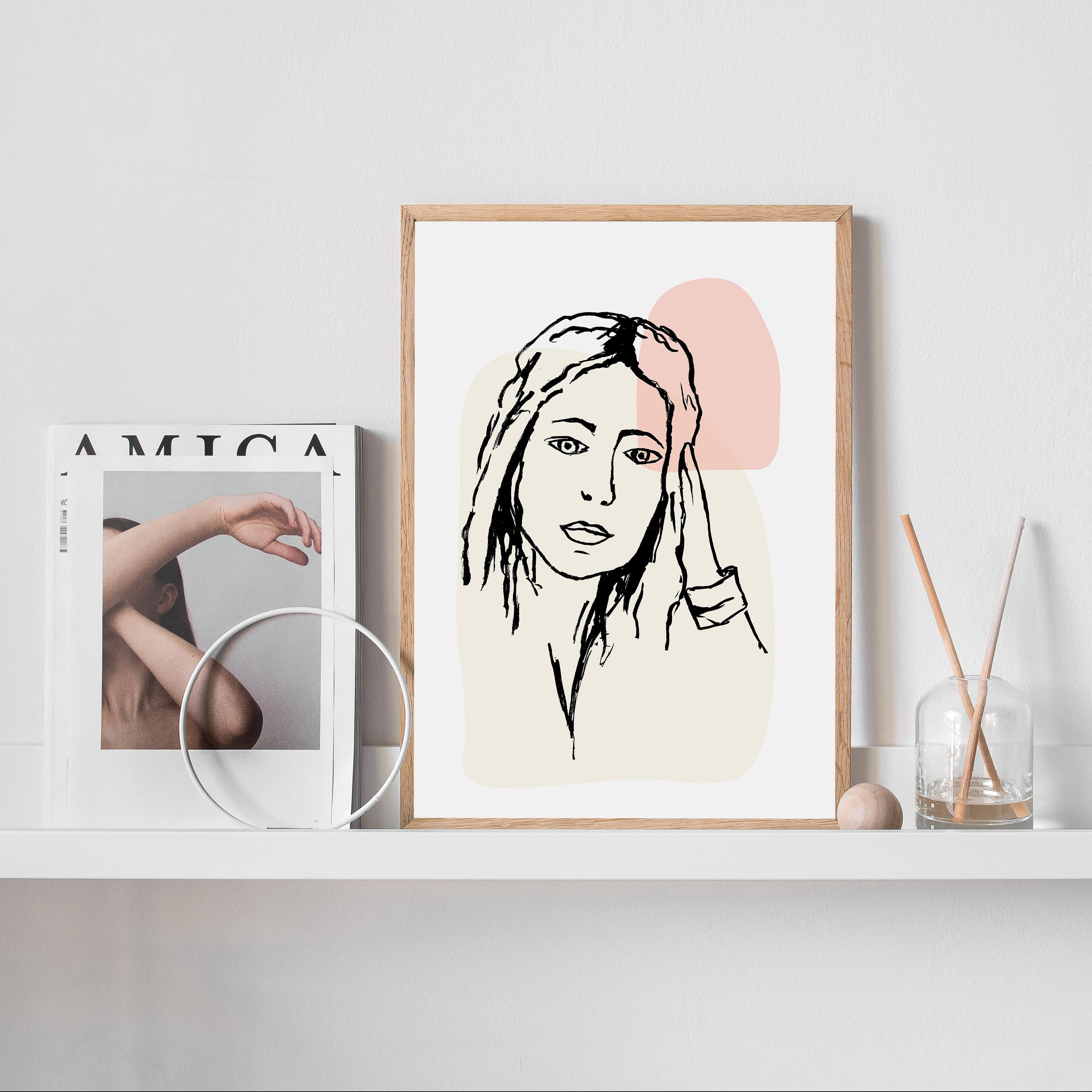 POSTER Thinking Woman Art Print Female Face Drawing Wall Art Long Hair ...