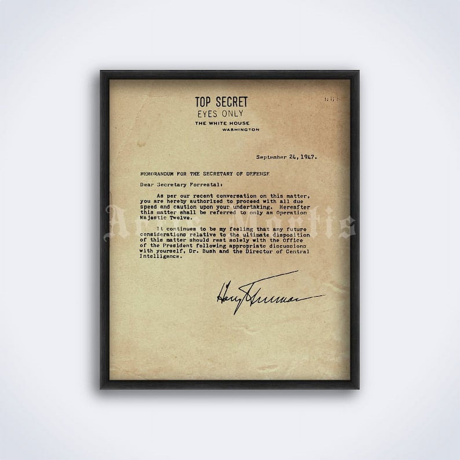 POSTER Truman-Forestal Memo 1947 Top Secret UFO document - vintage ...