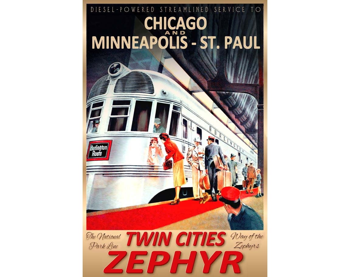 POSTER Twin Cities Zephyr Burlington Route New Retro Deco Railroad ...