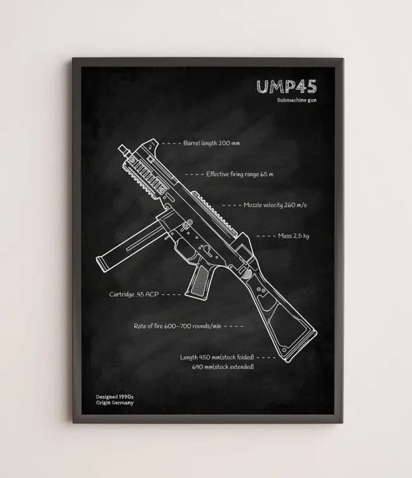 POSTER UMP45 Submachine gun blueprint poster wall art-12x18-UNFRAMED ...