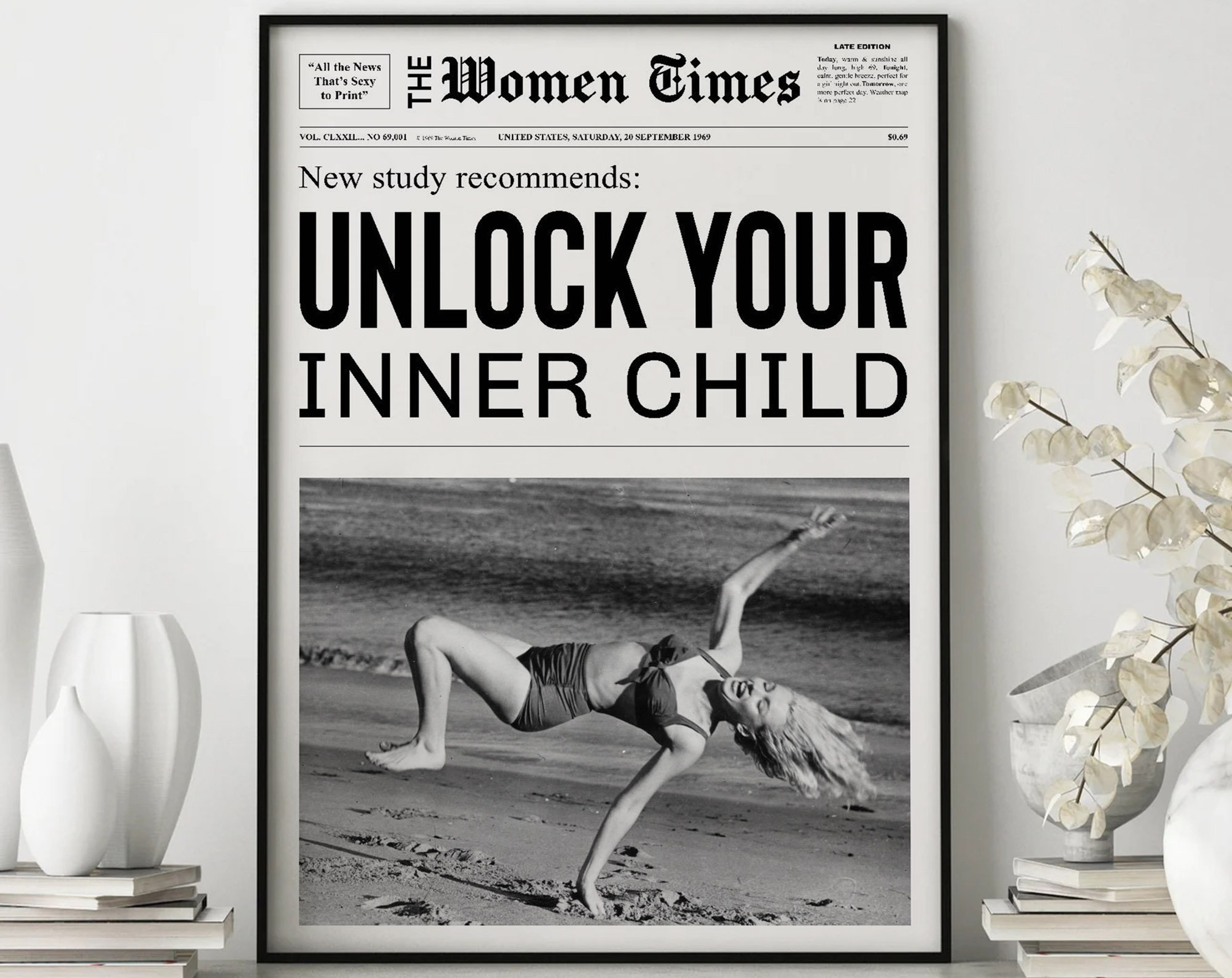 POSTER Unlock Your Inner Child Poster, Girl Having Fun, Newspaper Print ...