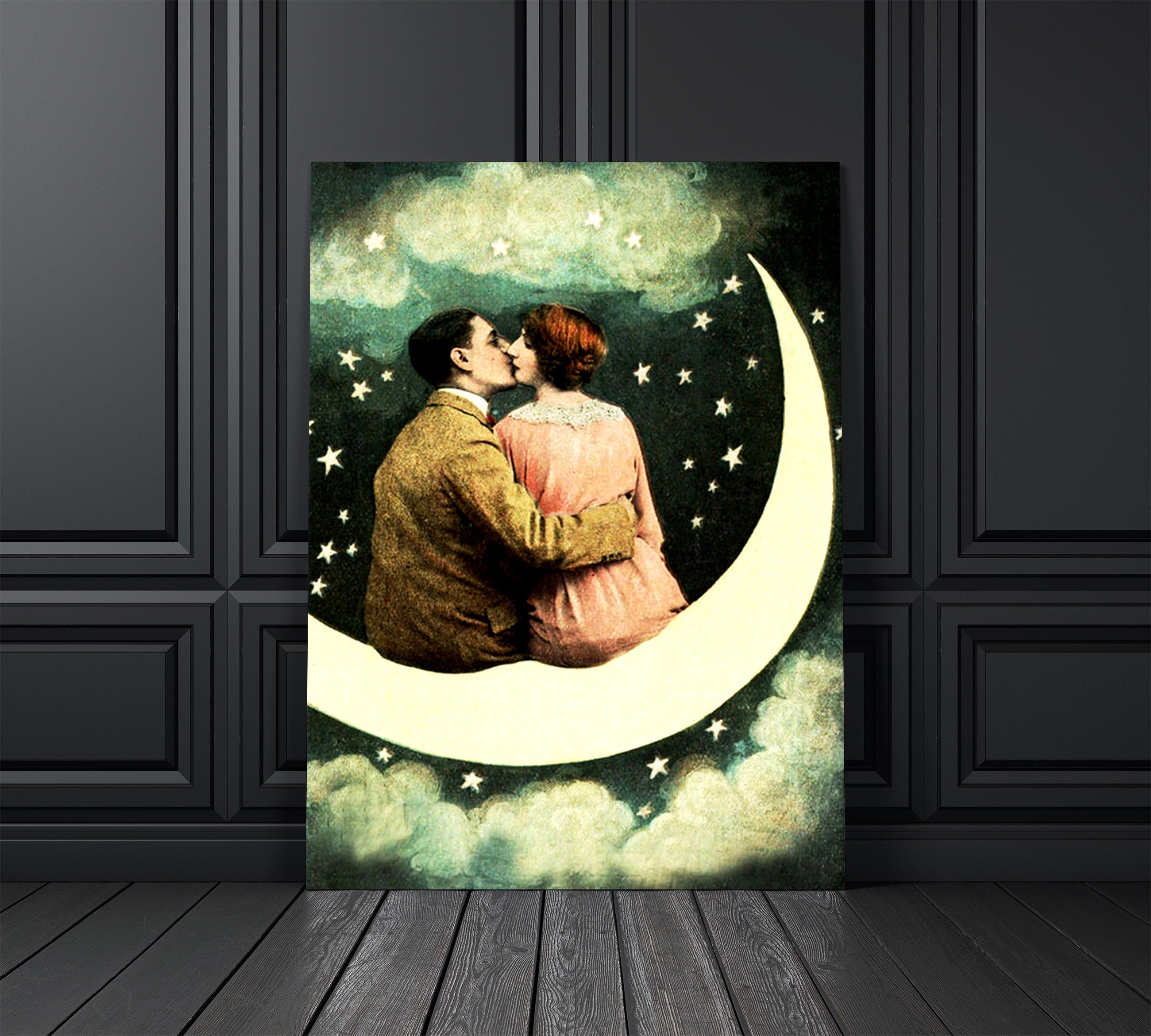 POSTER Vintage Crescent Moon With Couple Kissing Print, Antique Hand ...