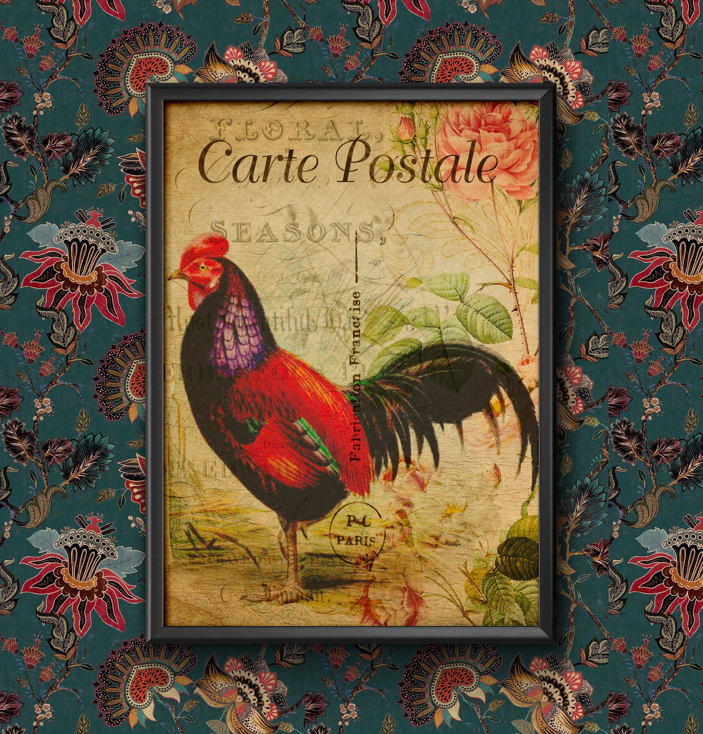POSTER Vintage French Rooster Carte Postale Wall Art Poster A4 and A3 ...