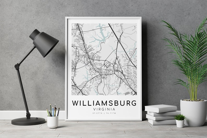 POSTER WILLIAMSBURG Map Print, VA USA Virginia Road Map Poster, gifts ...