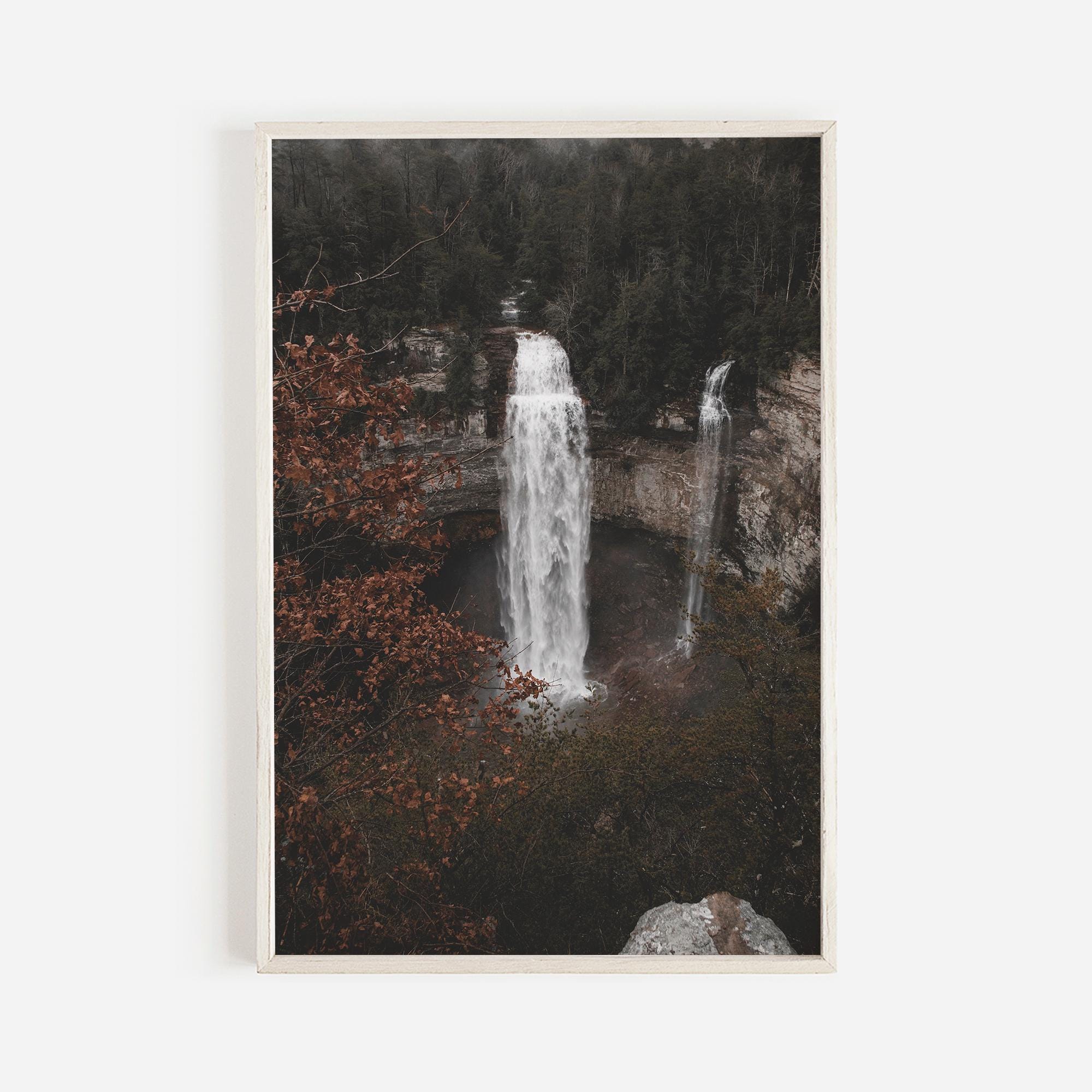 POSTER Waterfall Over PNW Cliff Print, Autumn Trees Poster, Woodland ...
