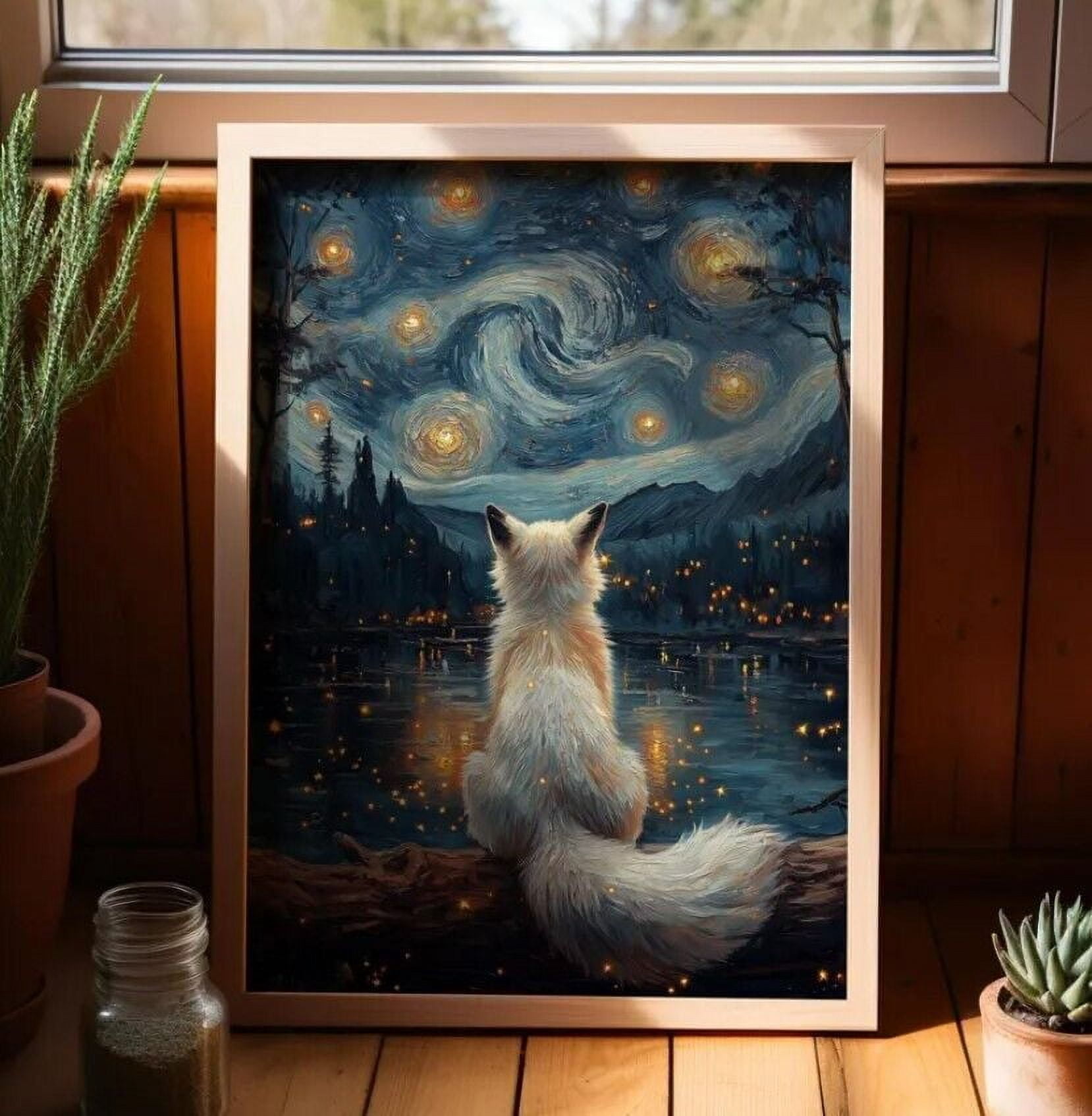 POSTER White Fox Van Gogh Inspired Starry Night Sky Oil Painting Poster ...