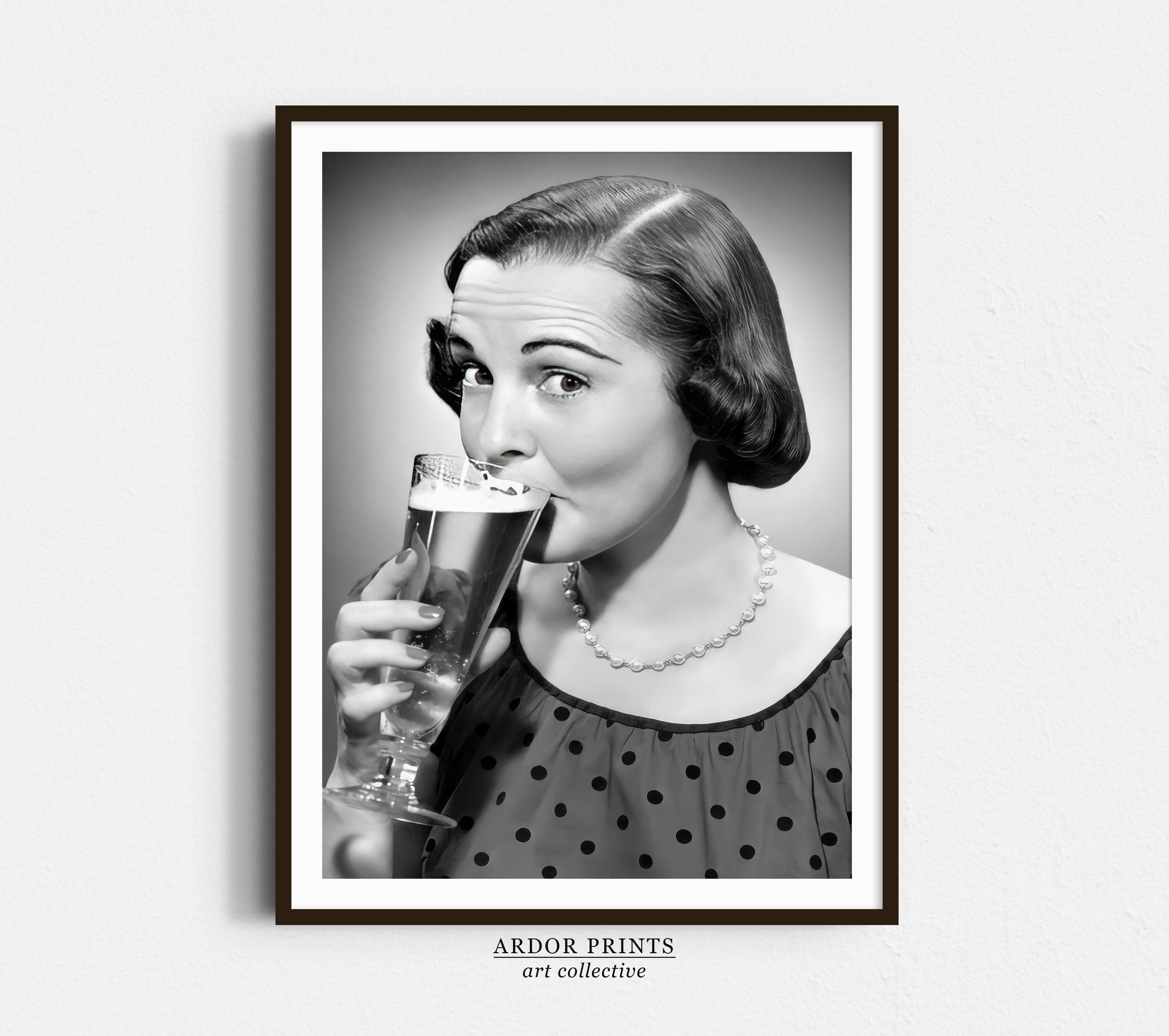POSTER Woman Drinking Beer Portrait, Black and White Print, Vintage ...