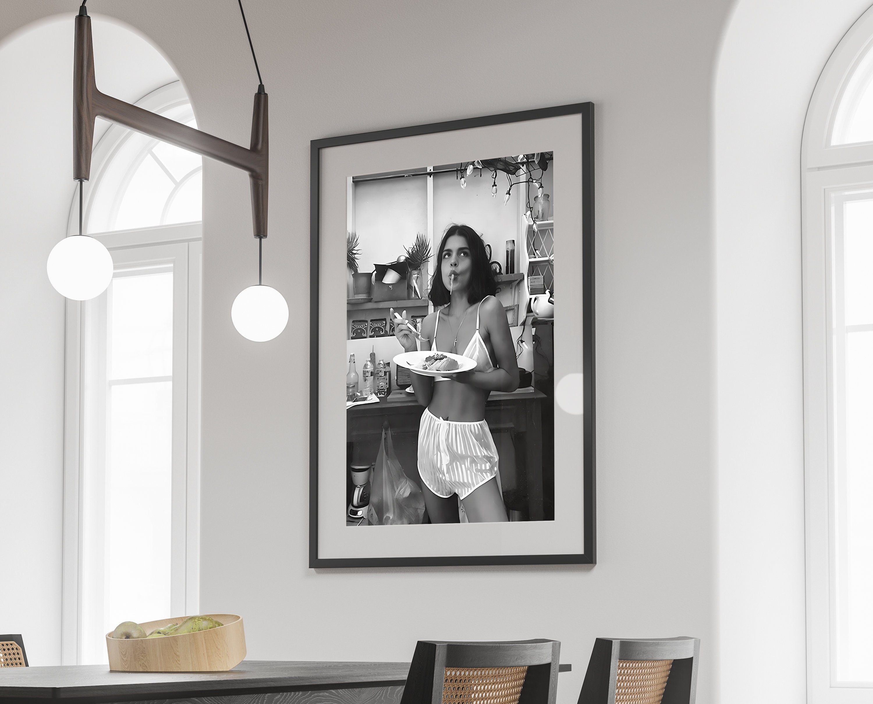 POSTER Woman Eating Spaghetti Poster, Black and White, Pasta Print ...