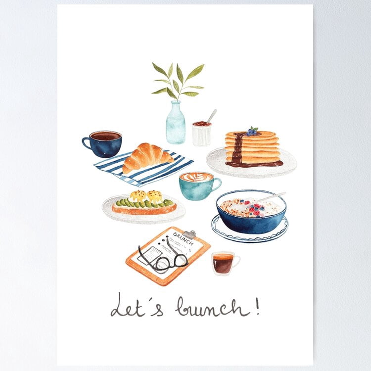 Poster Let's Brunch Illustrated Print. Pastel, Calligraphy, Breakfast ...