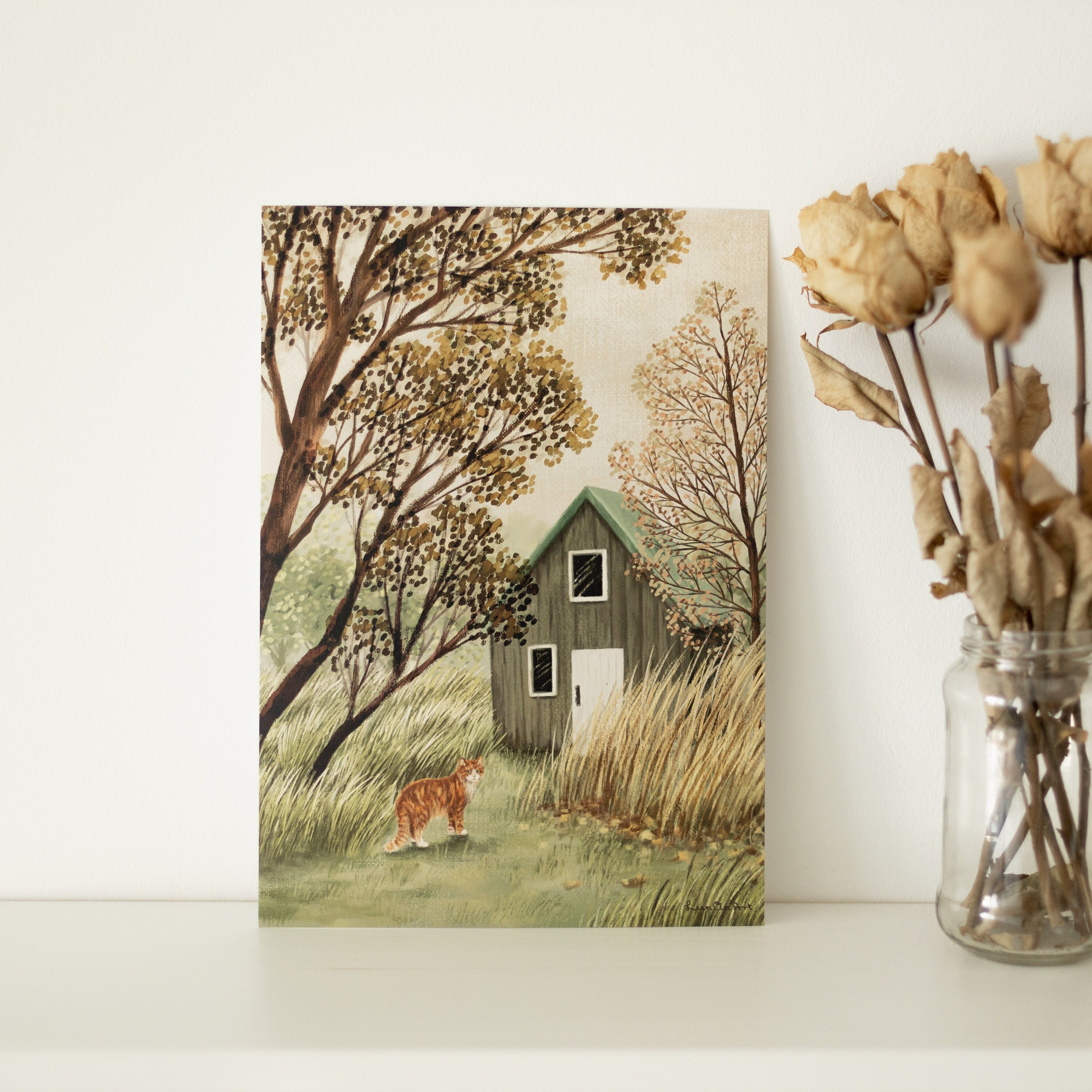 POSTER cottage & cat (HÃ¼tte und Katze), Graslandschaft | Illustration, Kunstdruck, GemÃ¤lde ...