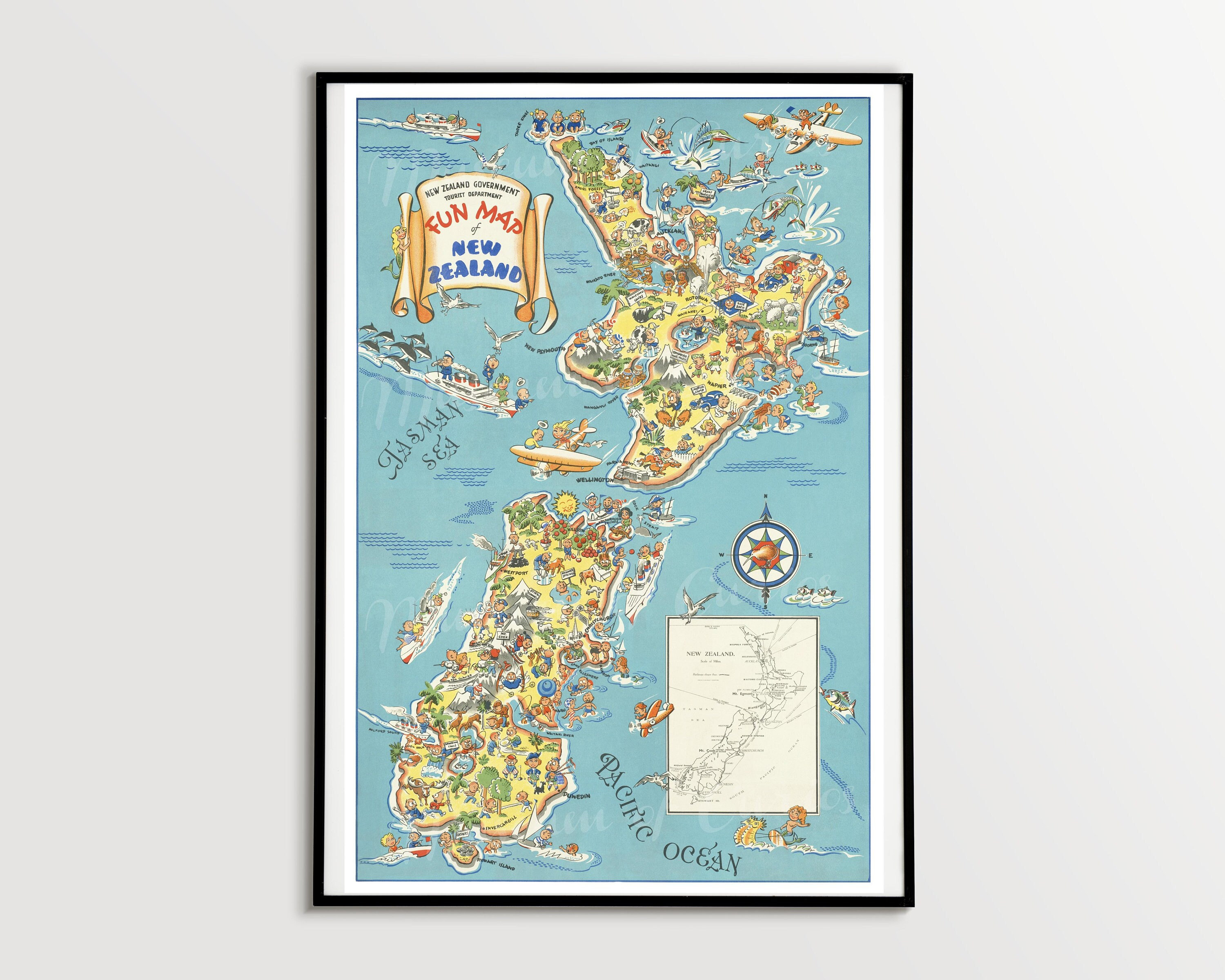POSTER mid century Fun Map of New Zealand, NZ Government Tourism ...