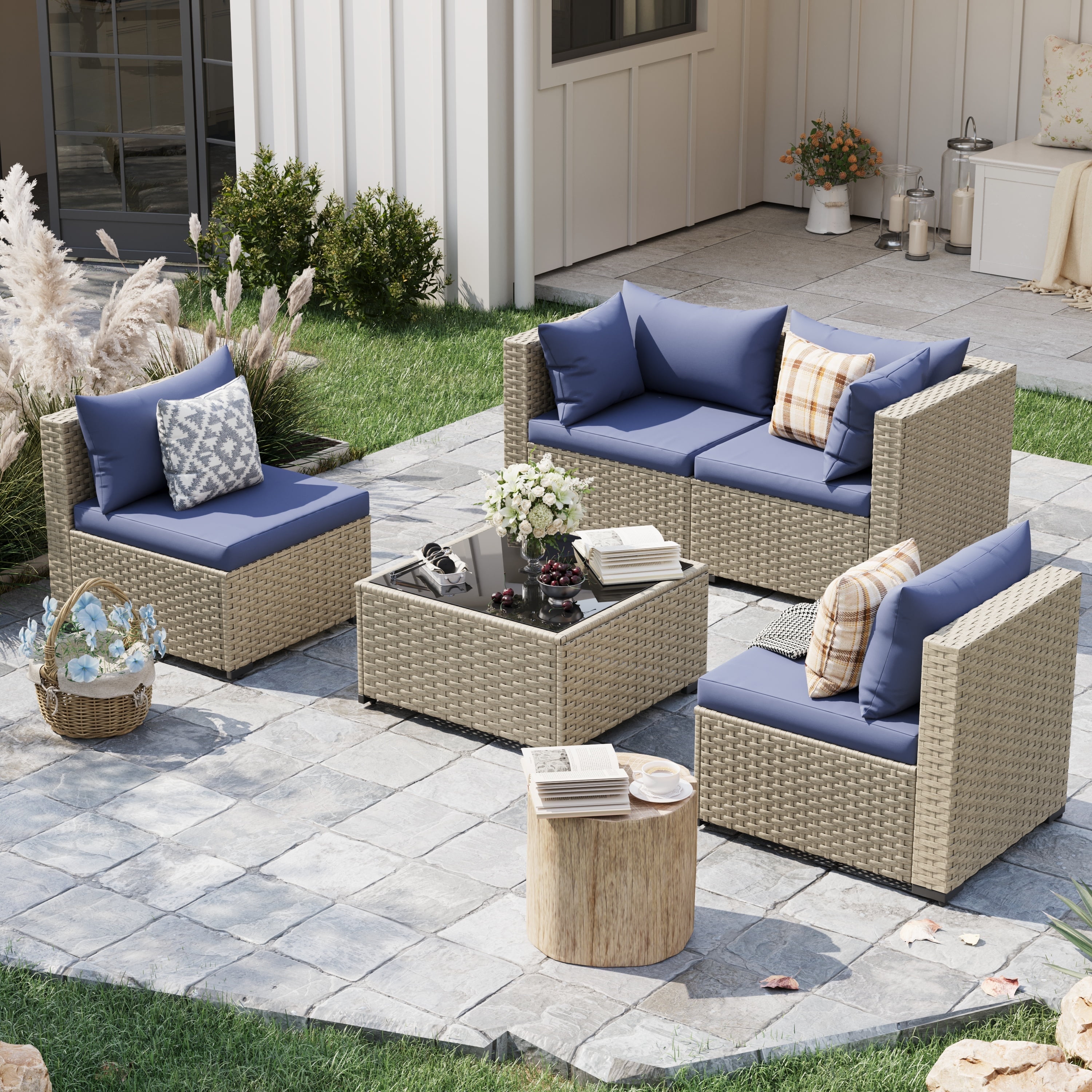 POTEBAN 5 Pieces Patio Furniture Sets, Modular Rattan Outdoor Patio Sectional Furniture Sofa Set ...
