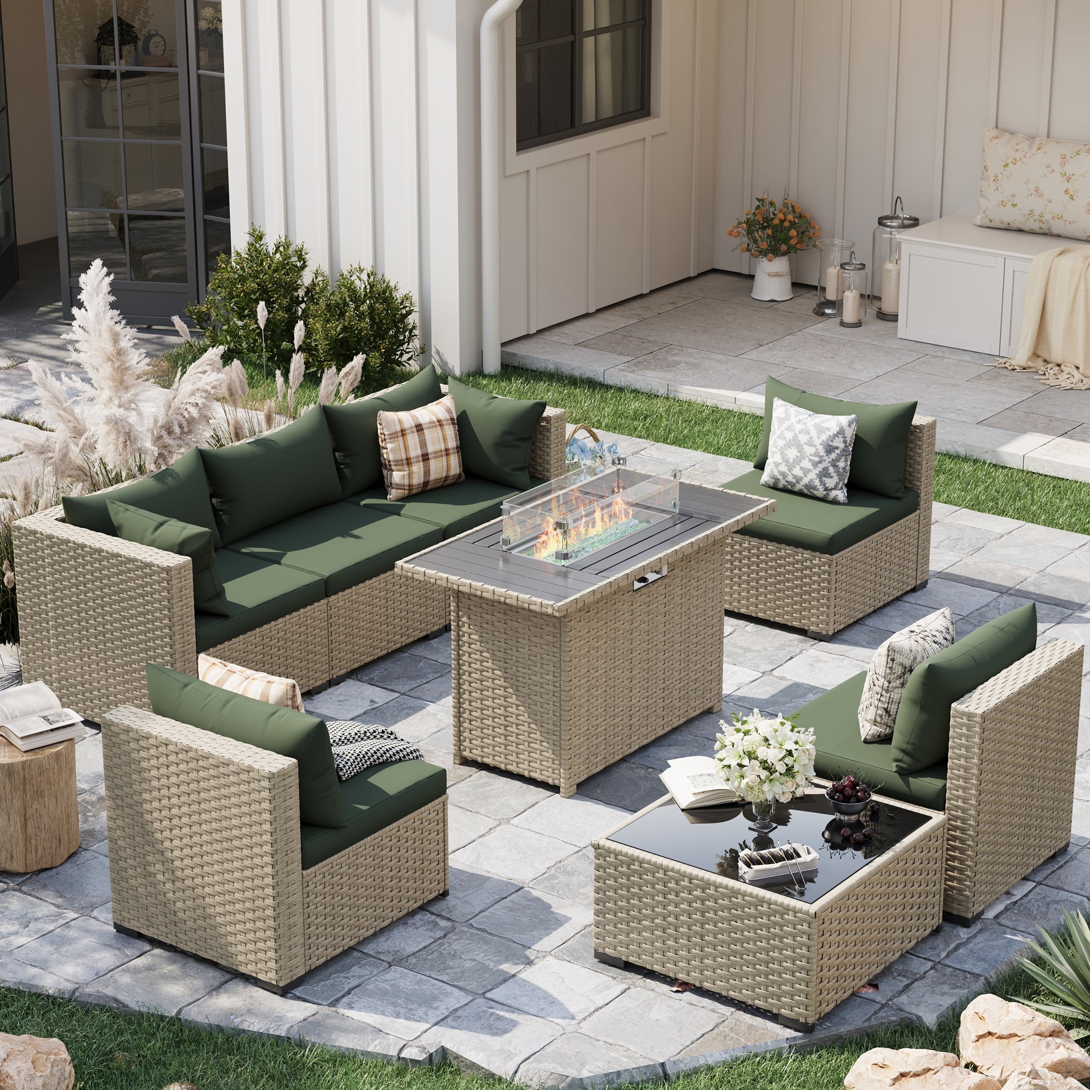 POTEBAN Outdoor Patio Furniture Set with Fire Pit Table, 8 Piece ...