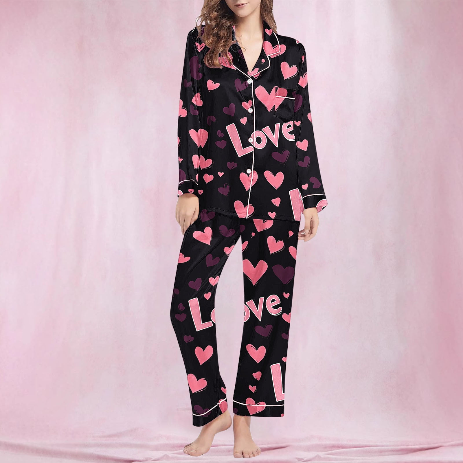 POTETI Button Down Pajamas for Women Valentine's Day Long Sleeve Notch Collar Heart Pajama Set ...