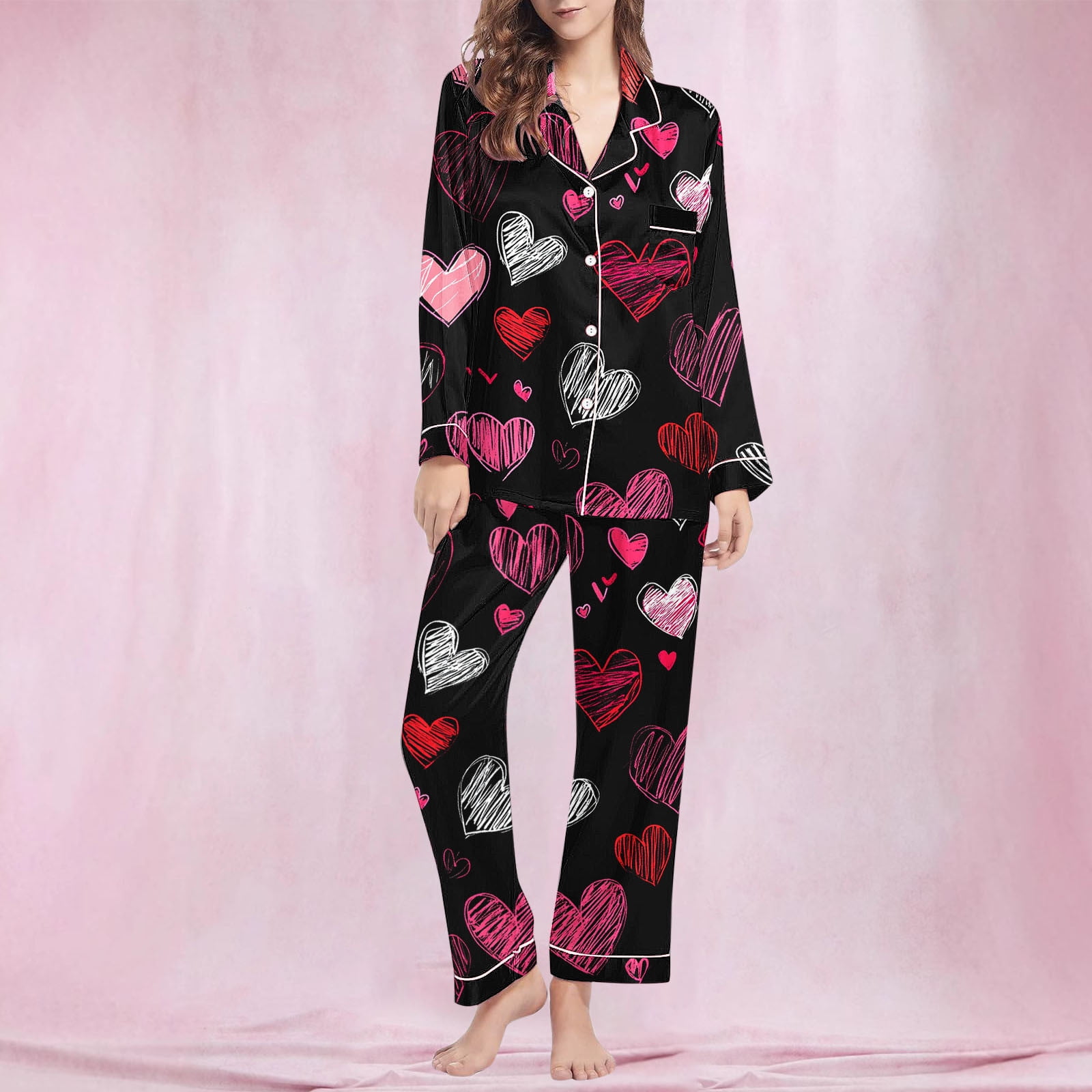 POTETI Button Down Pajamas for Women Valentine's Day Long Sleeve Notch Collar Heart Pajama Set ...