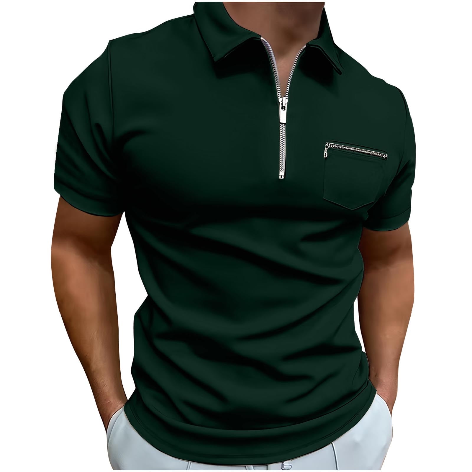 POTETI Casual Polo Shirts for Men Short Sleeve Collared Shirts Pockets Quarter Zip Solid Tops ...