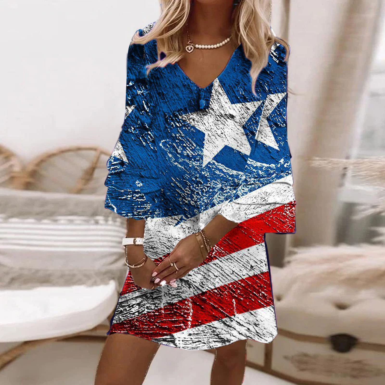 POTETI Dress for Women Navy Summer Dress Summer Casual V-Neck Print 3/4 ...