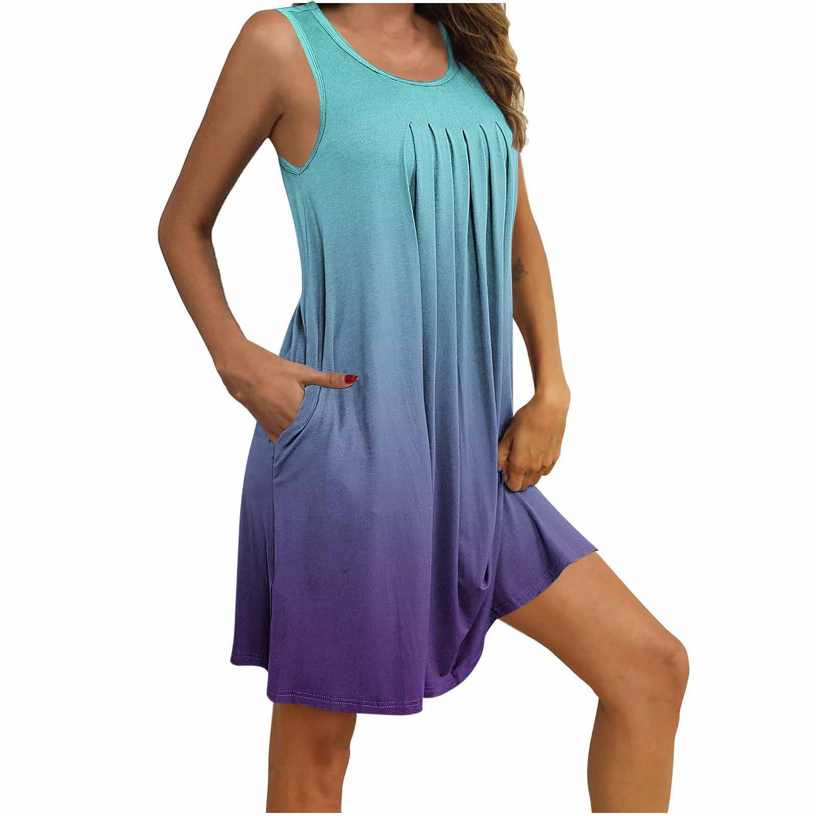 POTETI Nightgowns for Women with Pockets Sleeveless Crew Neck Pleated ...